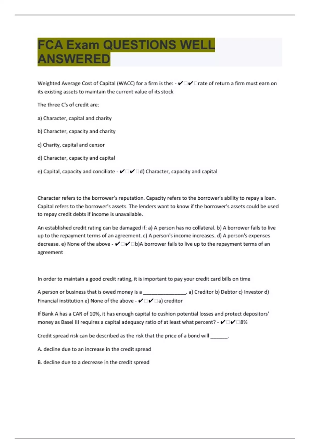 FCA 131 Exam QUESTIONS WELL ANSWERED|35 PAGES|2024 - FCA - Stuvia US