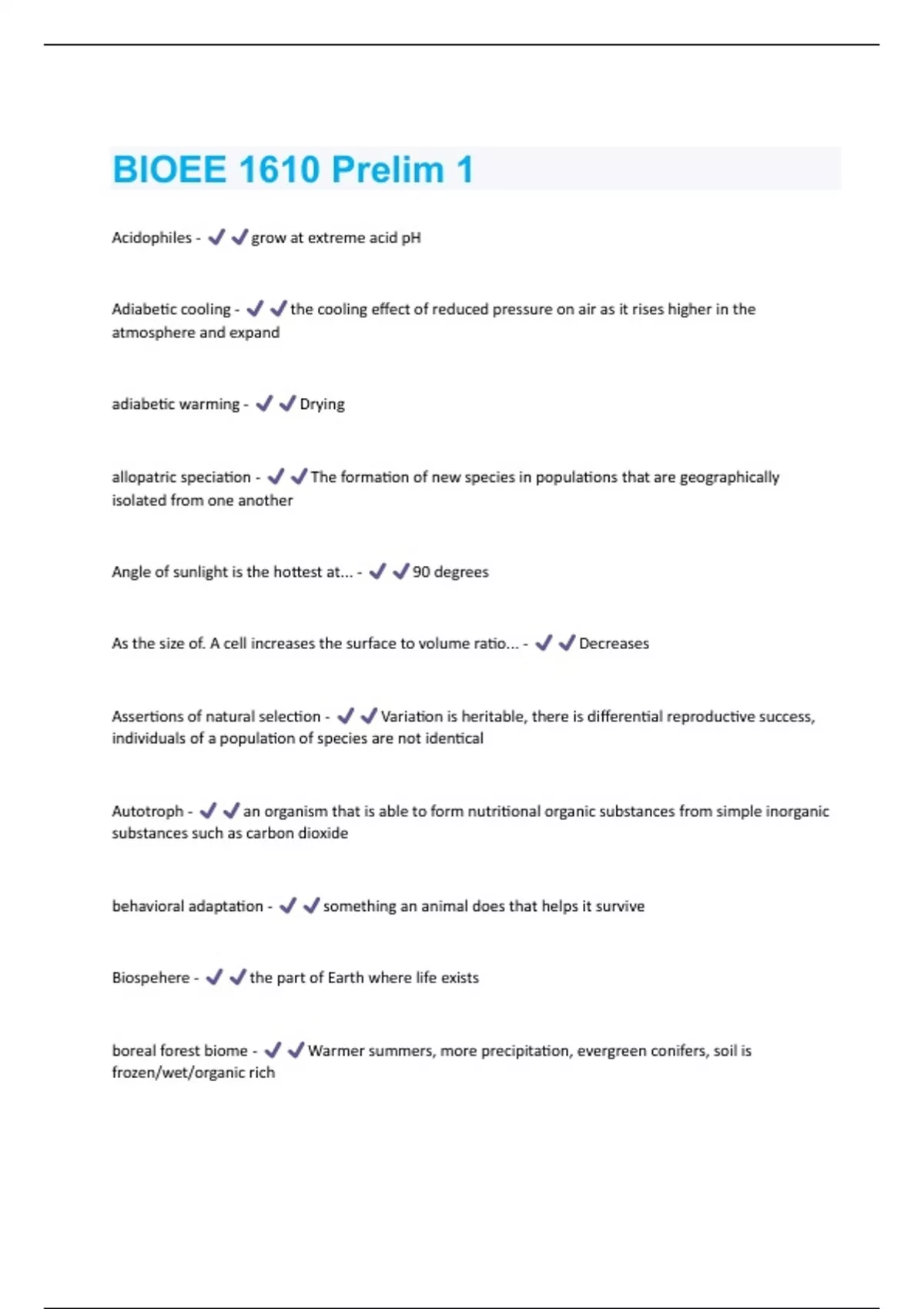 BIOEE 1610 Prelim 1 Questions with correct Answers - BIOEE 1610 Prelim ...