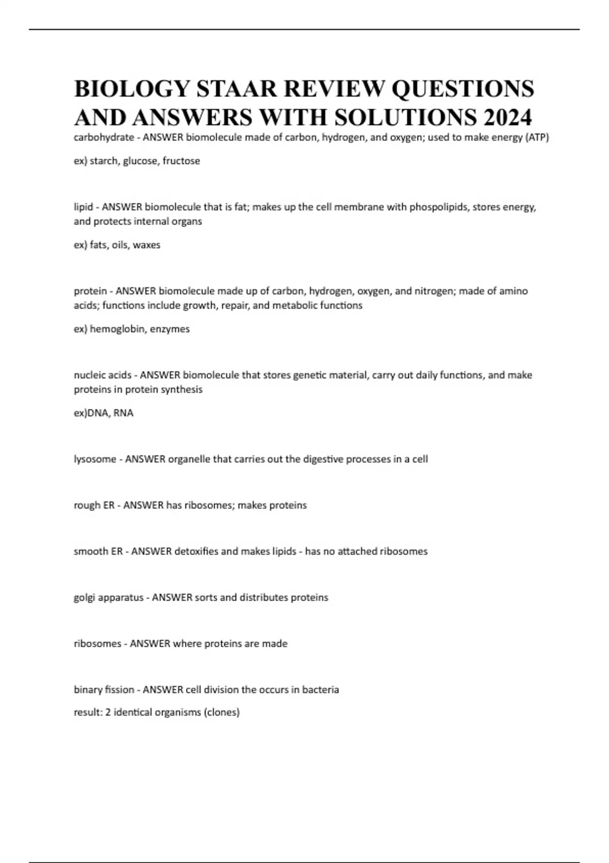 BIOLOGY STAAR REVIEW QUESTIONS AND ANSWERS WITH SOLUTIONS 2024 - STAAR ...