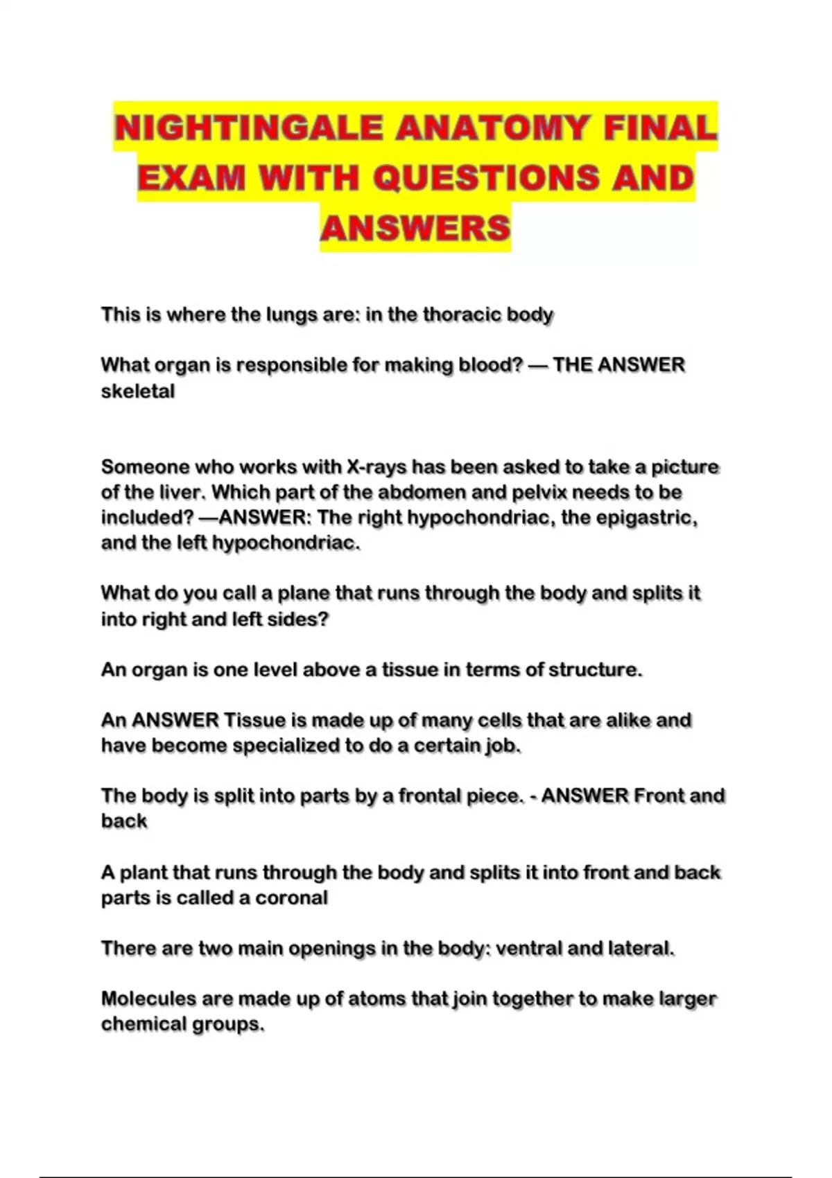 NIGHTINGALE ANATOMY FINAL EXAM WITH QUESTIONS AND ANSWERS - NIGHTINGALE ...