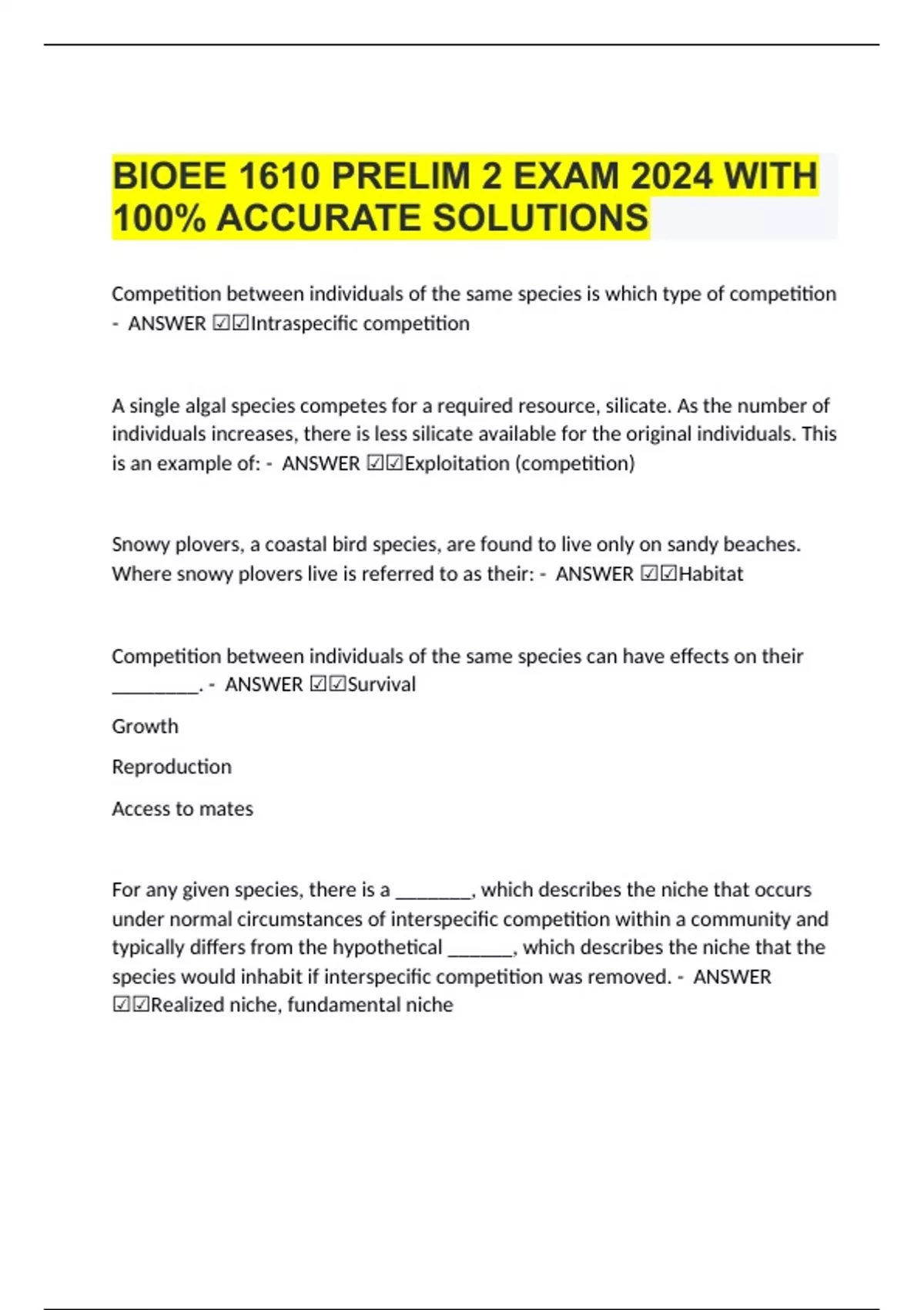 BIOEE 1610 PRELIM 2 EXAM 2024 WITH 100% ACCURATE SOLUTIONS - BIOEE 1610 ...