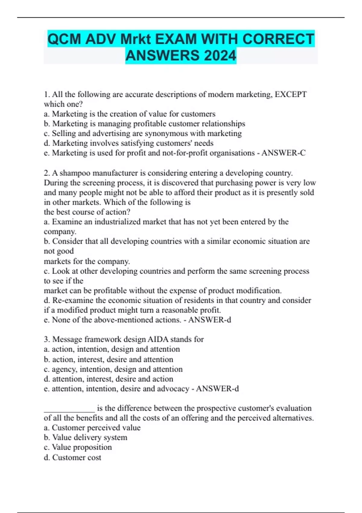 QCM ADV Mrkt EXAM WITH CORRECT ANSWERS 2024 - QCM - Stuvia US