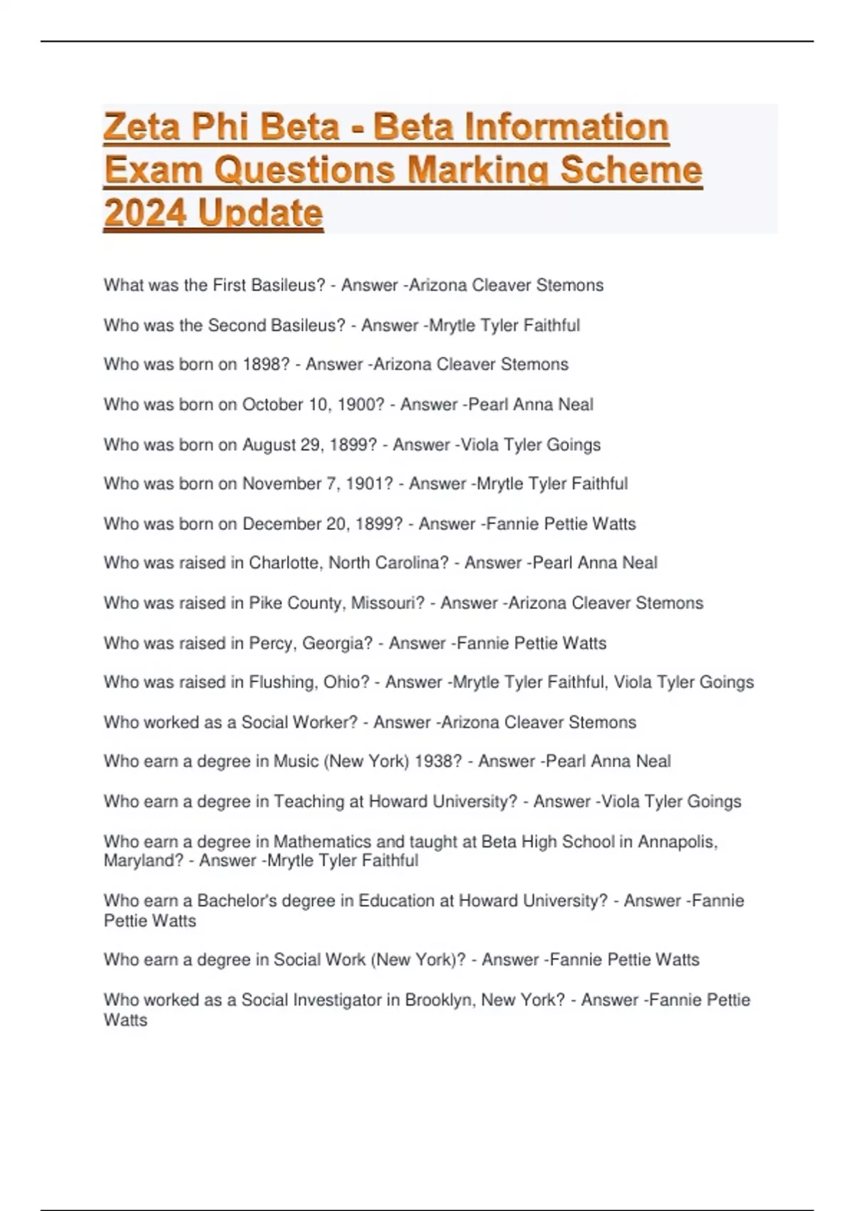 Zeta Phi Beta - Beta Information Exam Questions Marking Scheme 2024 ...