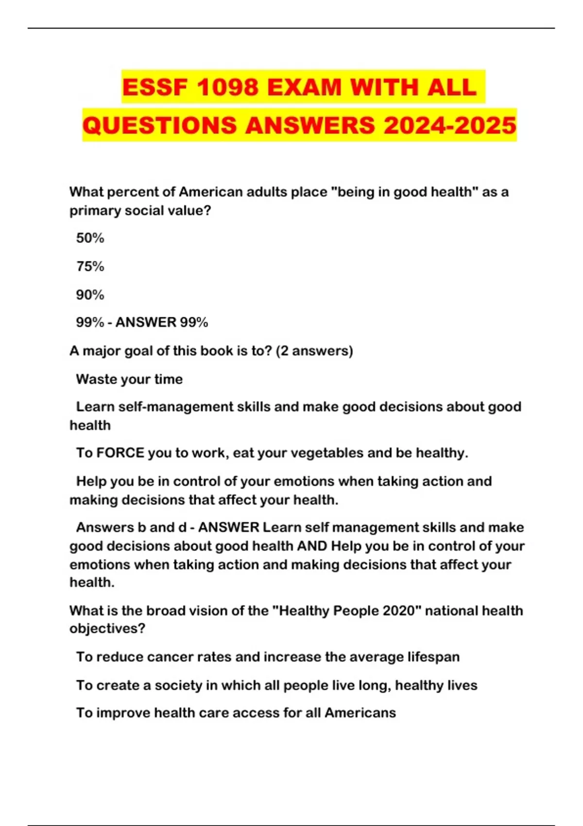 ESSF 1098 EXAM WITH ALL QUESTIONS ANSWERS - ESSF 1098 - Stuvia US