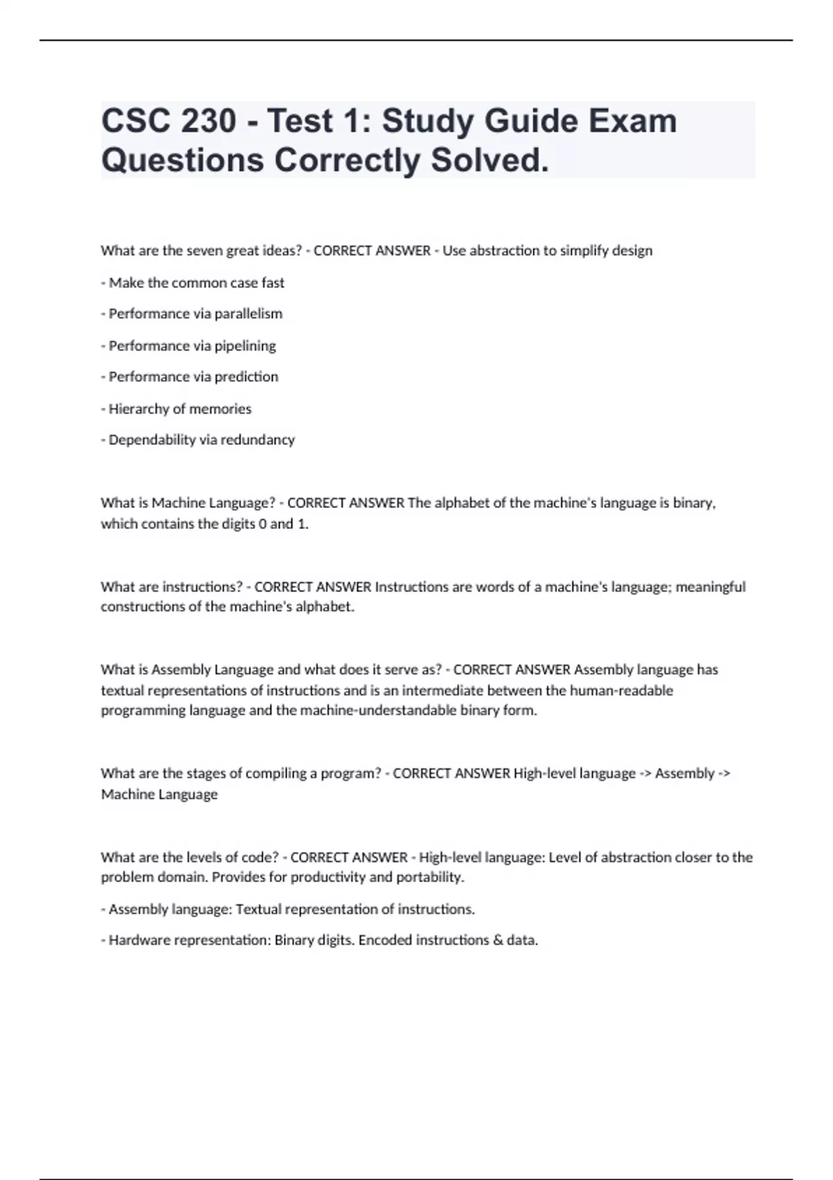 CSC 230 - Test 1: Study Guide Exam Questions Correctly Solved. - CSCN ...