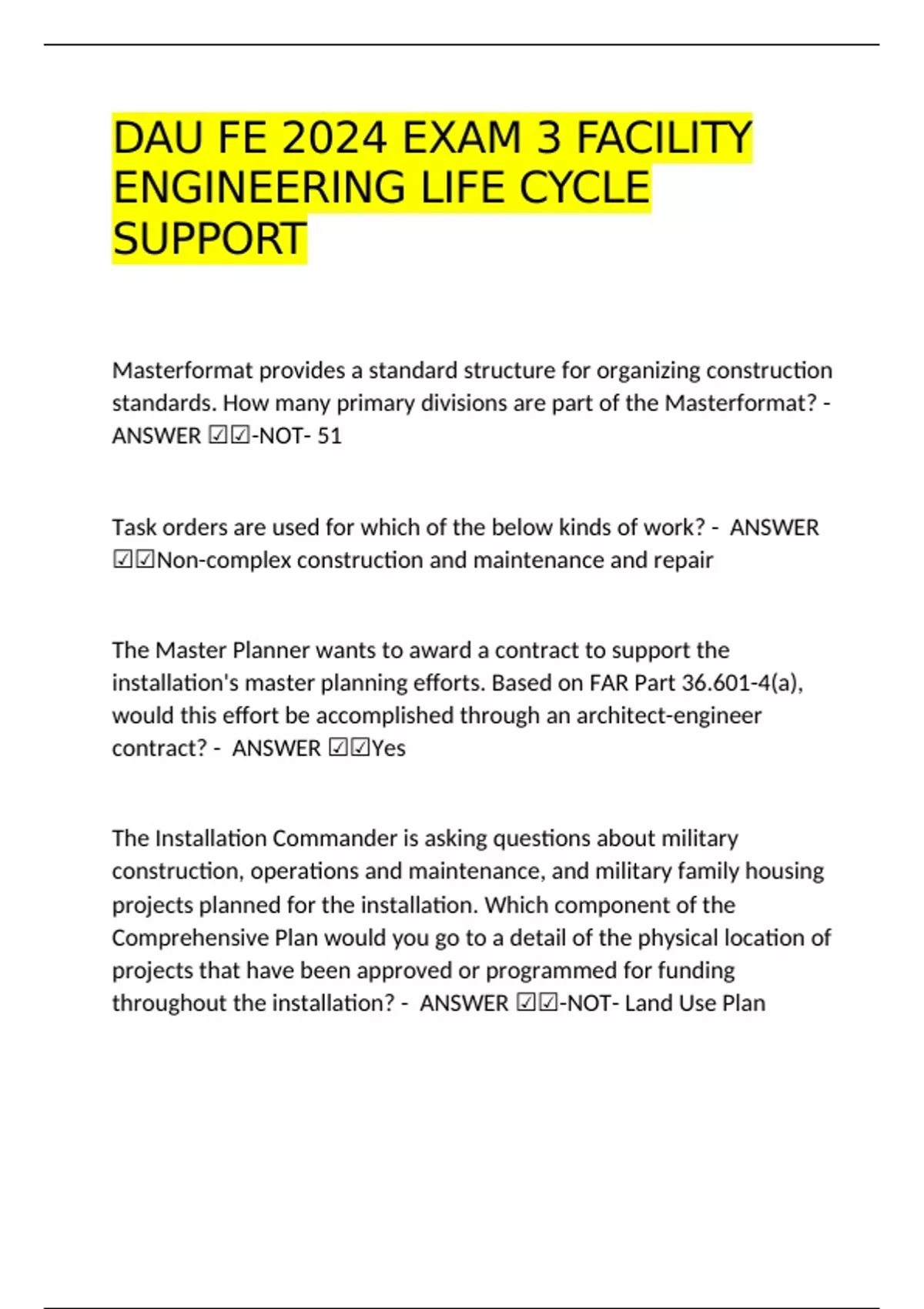 DAU FE 2024 EXAM 3 FACILITY ENGINEERING LIFE CYCLE SUPPORT - DAU FE ...