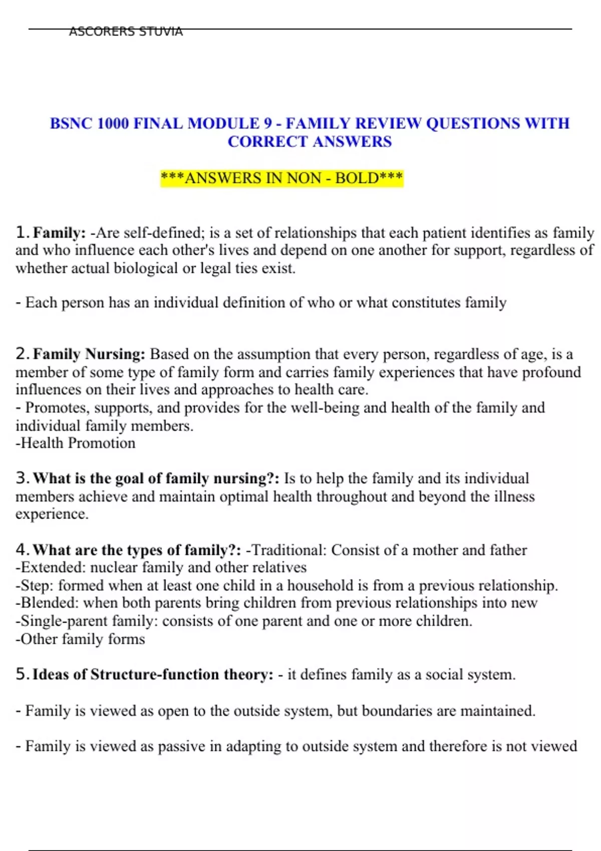 BSNC 1000 FINAL MODULE 9 - FAMILY REVIEW QUESTIONS WITH CORRECT ANSWERS ...