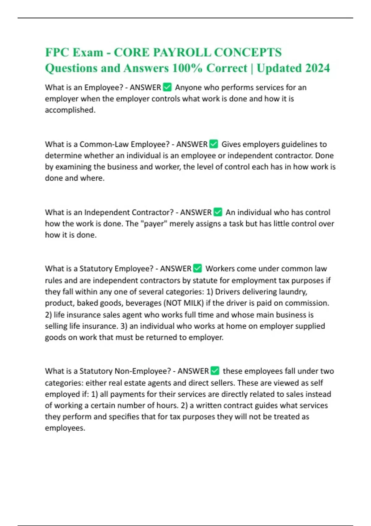FPC Exam - CORE PAYROLL CONCEPTS Questions and Answers 100% Correct ...