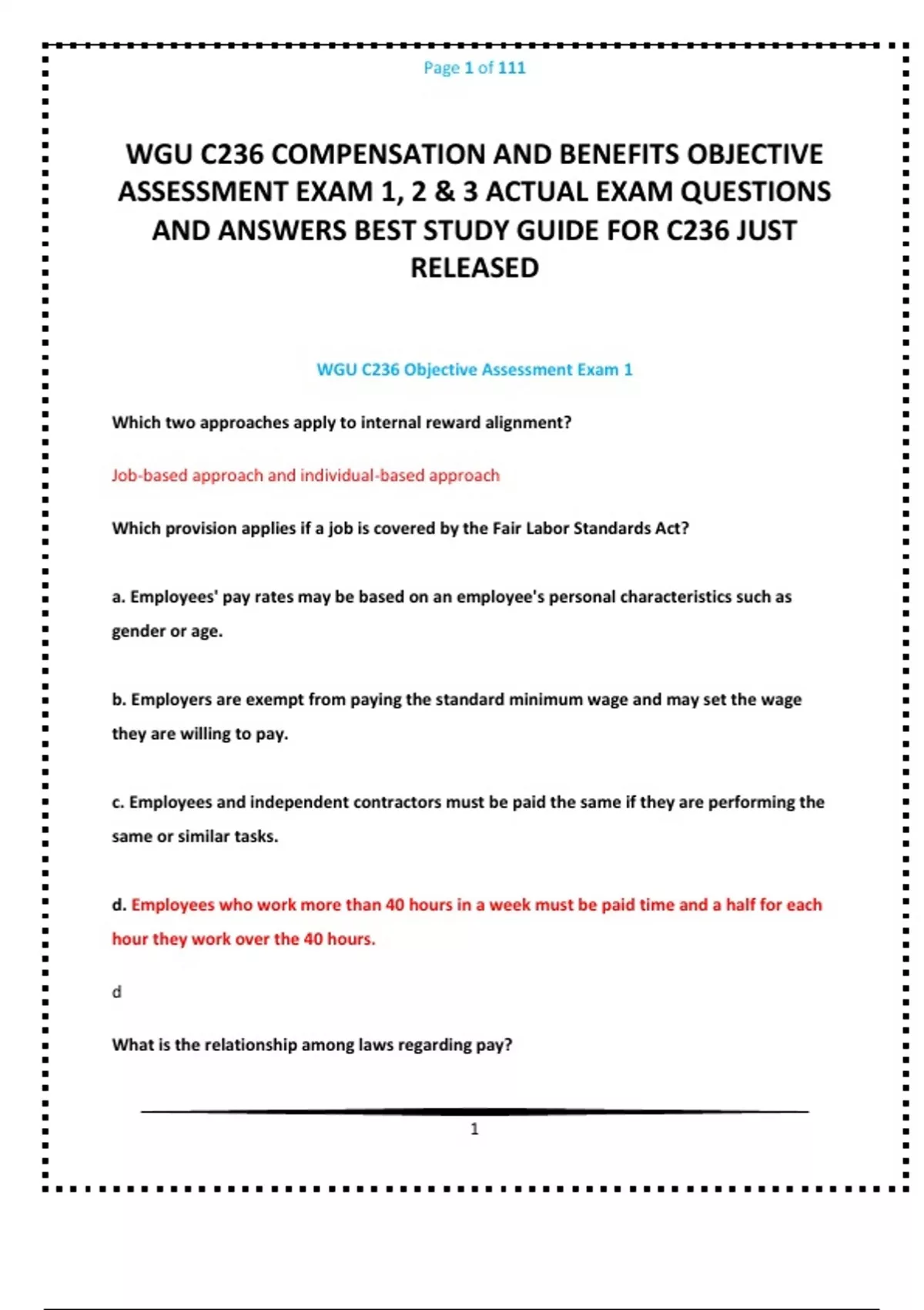 WGU C236 COMPENSATION AND BENEFITS OBJECTIVE ASSESSMENT EXAM LATEST ...