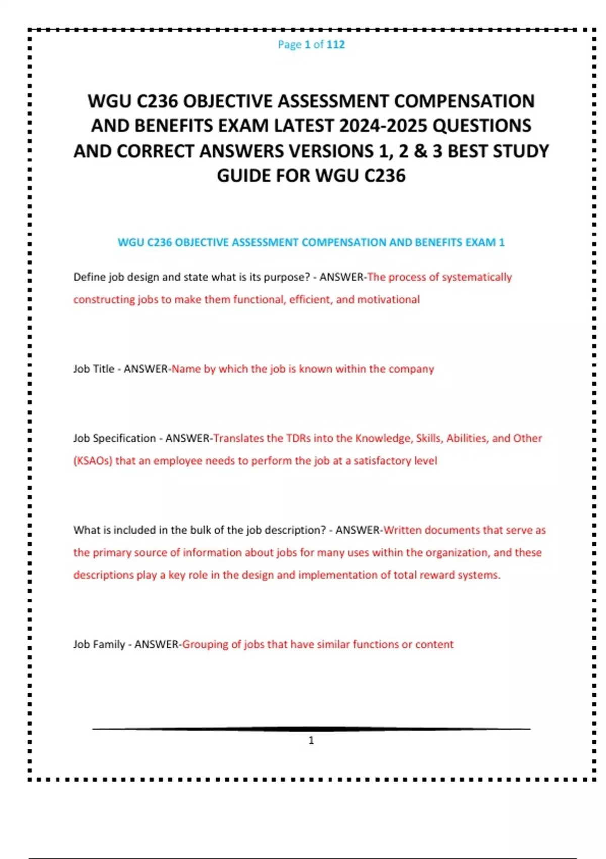 WGU C236 COMPENSATION AND BENEFITS FINAL EXAM 1, 2 & 3 ACTUAL EXAM QUESTIONS AND ANSWERS - WGU ...