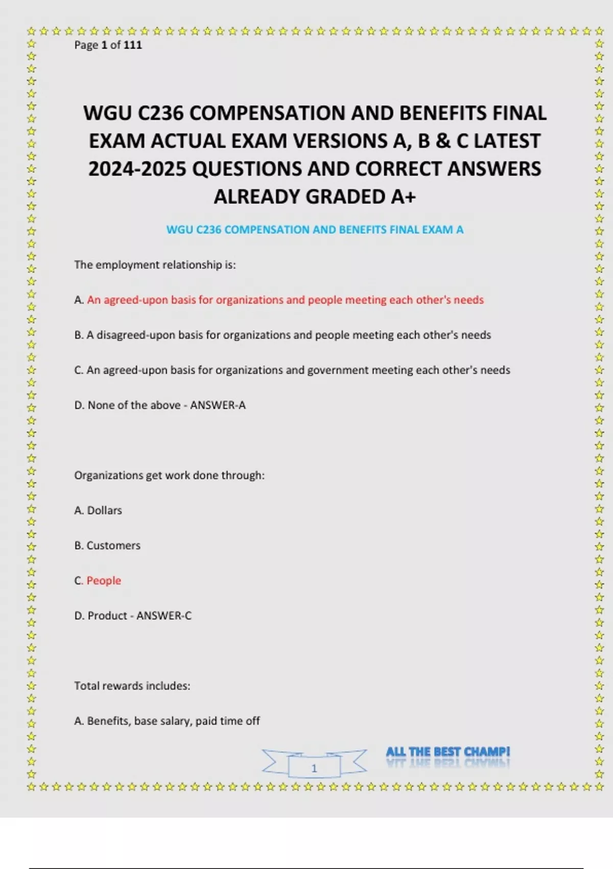 WGU C236 COMPENSATION AND BENEFITS FINAL EXAM ACTUAL EXAM VERSIONS A, B ...