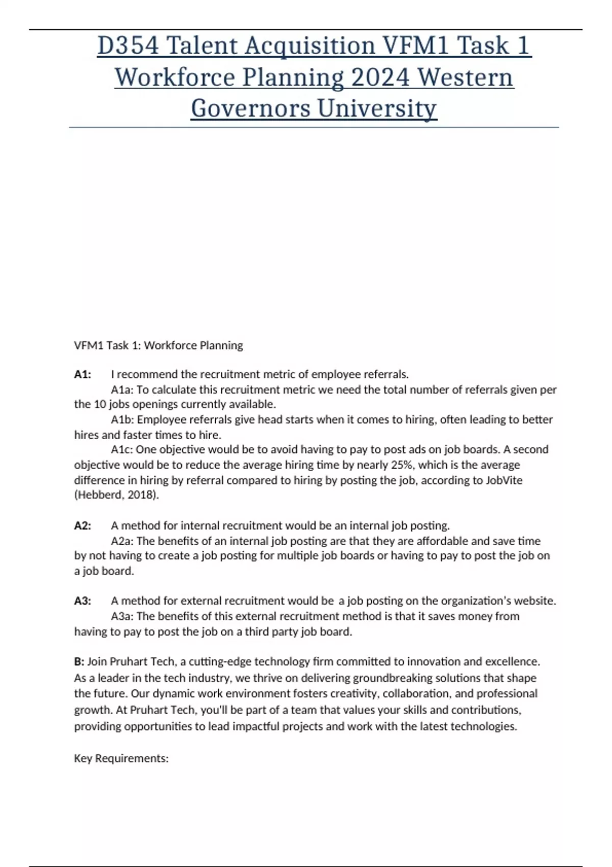 D354 Talent Acquisition VFM1 Task 1 Workforce Planning 2024 Western ...