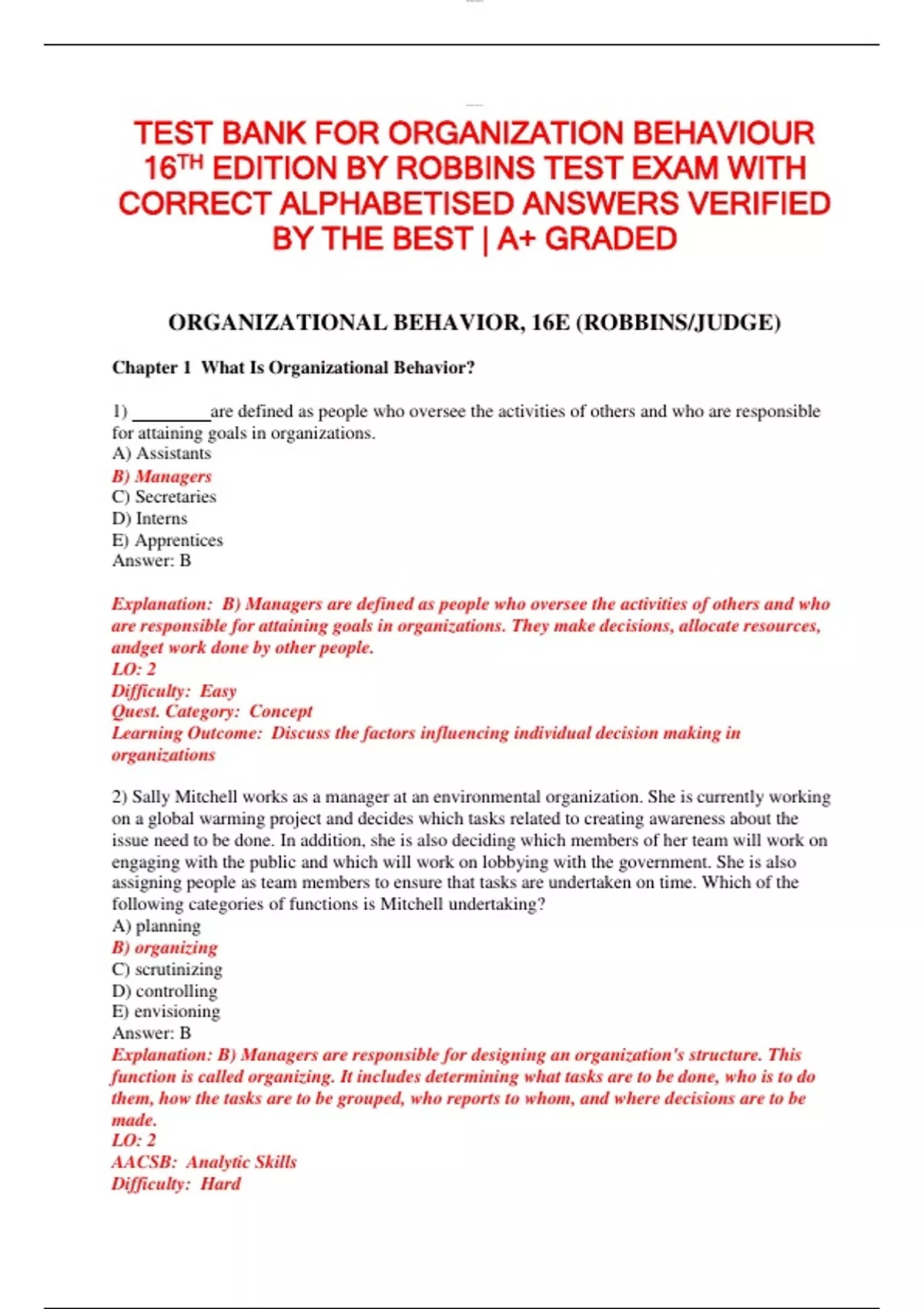 TEST BANK FOR ORGANIZATION BEHAVIOUR 16TH EDITION BY ROBBINS TEST EXAM ...