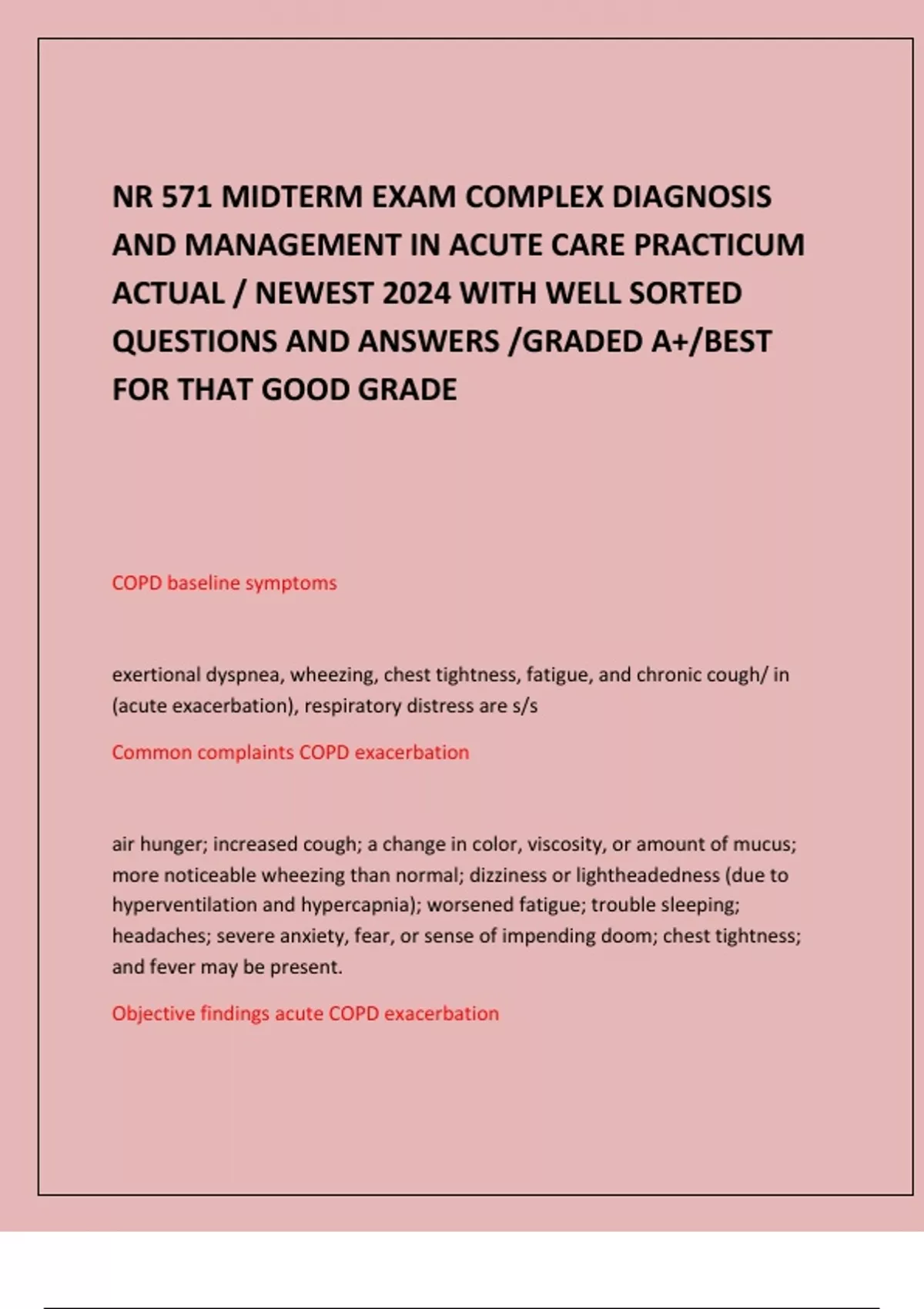 NR 571 MIDTERM EXAM COMPLEX DIAGNOSIS AND MANAGEMENT IN ACUTE CARE PRACTICUM ACTUAL / NEWEST ...