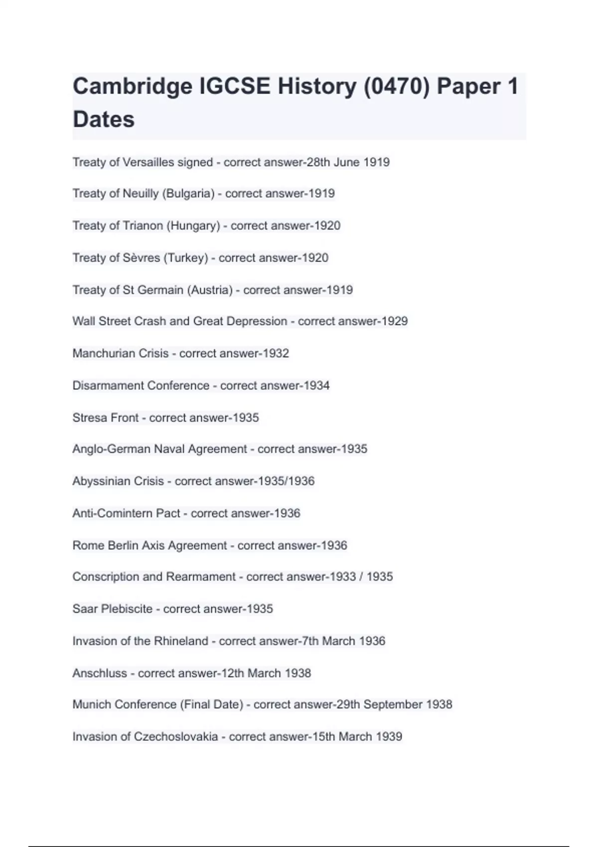 Cambridge IGCSE History (0470) Paper 1 Dates (all Questions solved 100% ...