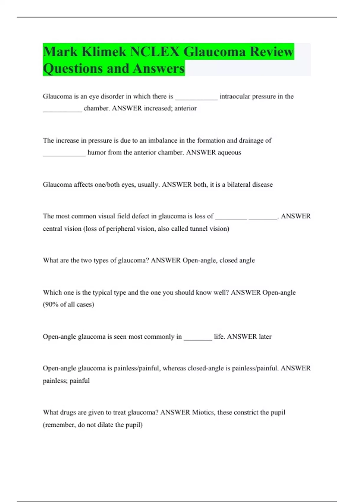 Mark Klimek NCLEX Glaucoma Review Questions and Answers - Nclex - Stuvia US