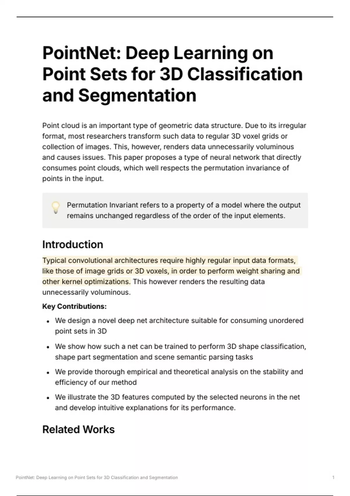 Summary of paper PointNet: Deep Learning on Point Sets for 3D Classification and Segmentation ...