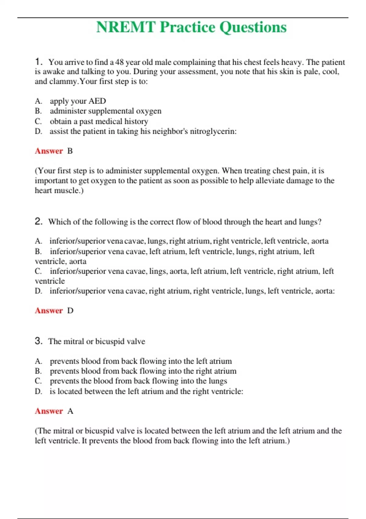 NREMT Practice Questions (Latest 2024) Questions With Complete Grade A+ ...