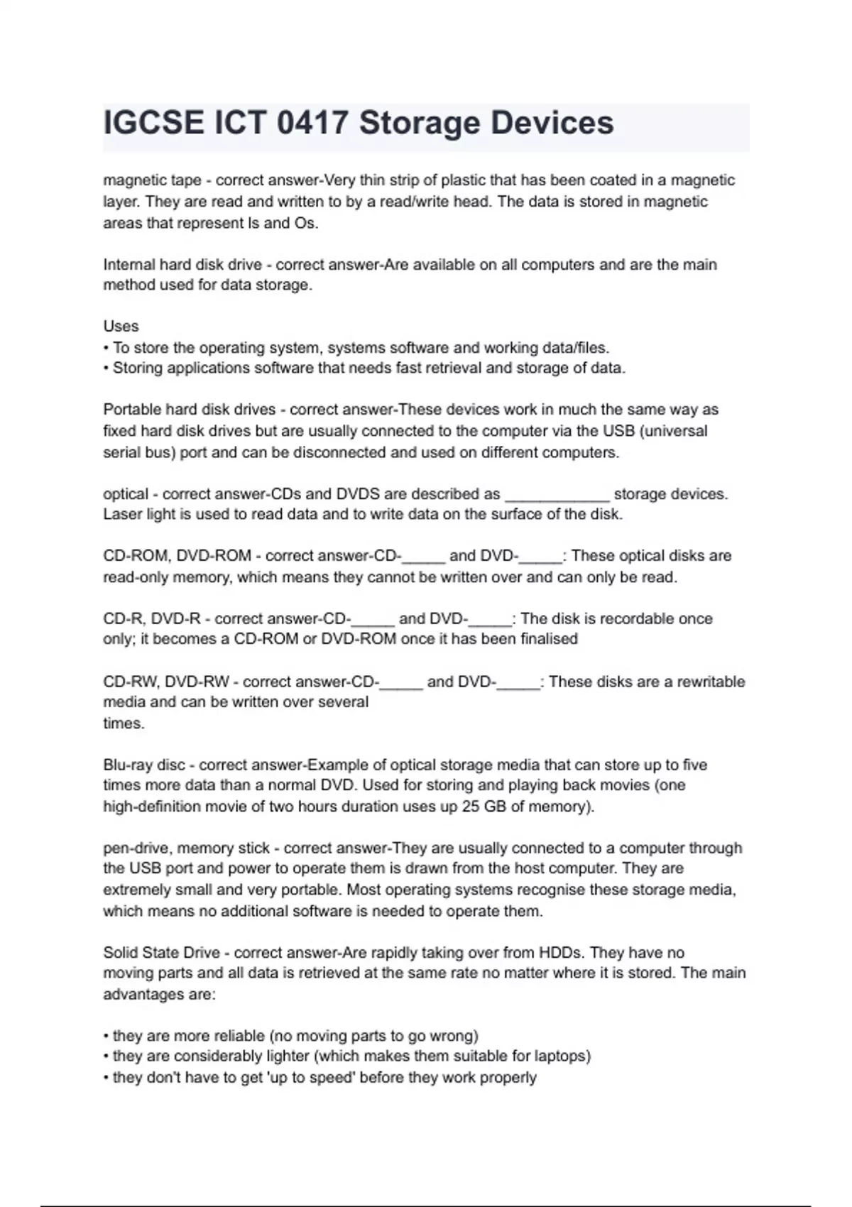IGCSE ICT 0417 Storage Devices - Cambridge IGCSE ICT - Stuvia US