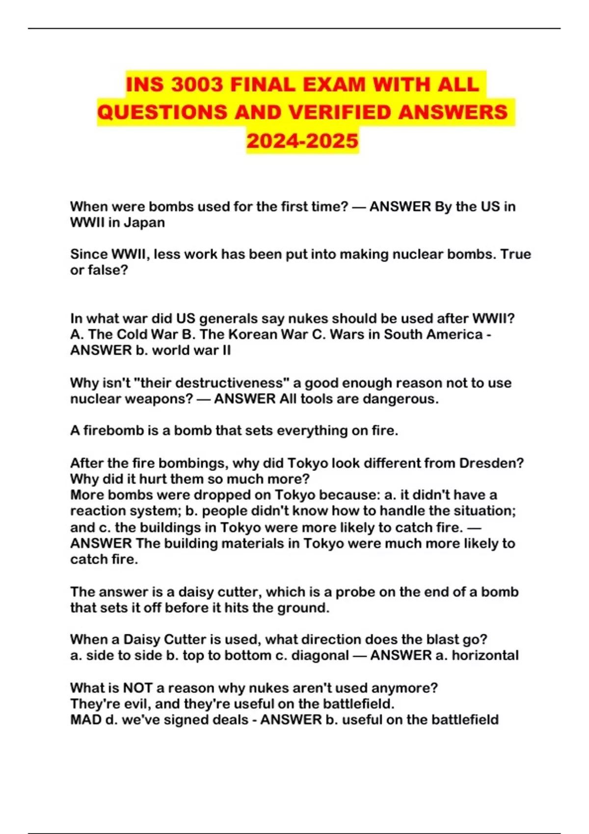 INS 3003 FINAL EXAM WITH ALL QUESTIONS AND VERIFIED ANSWERS - INS 3003 - Stuvia US