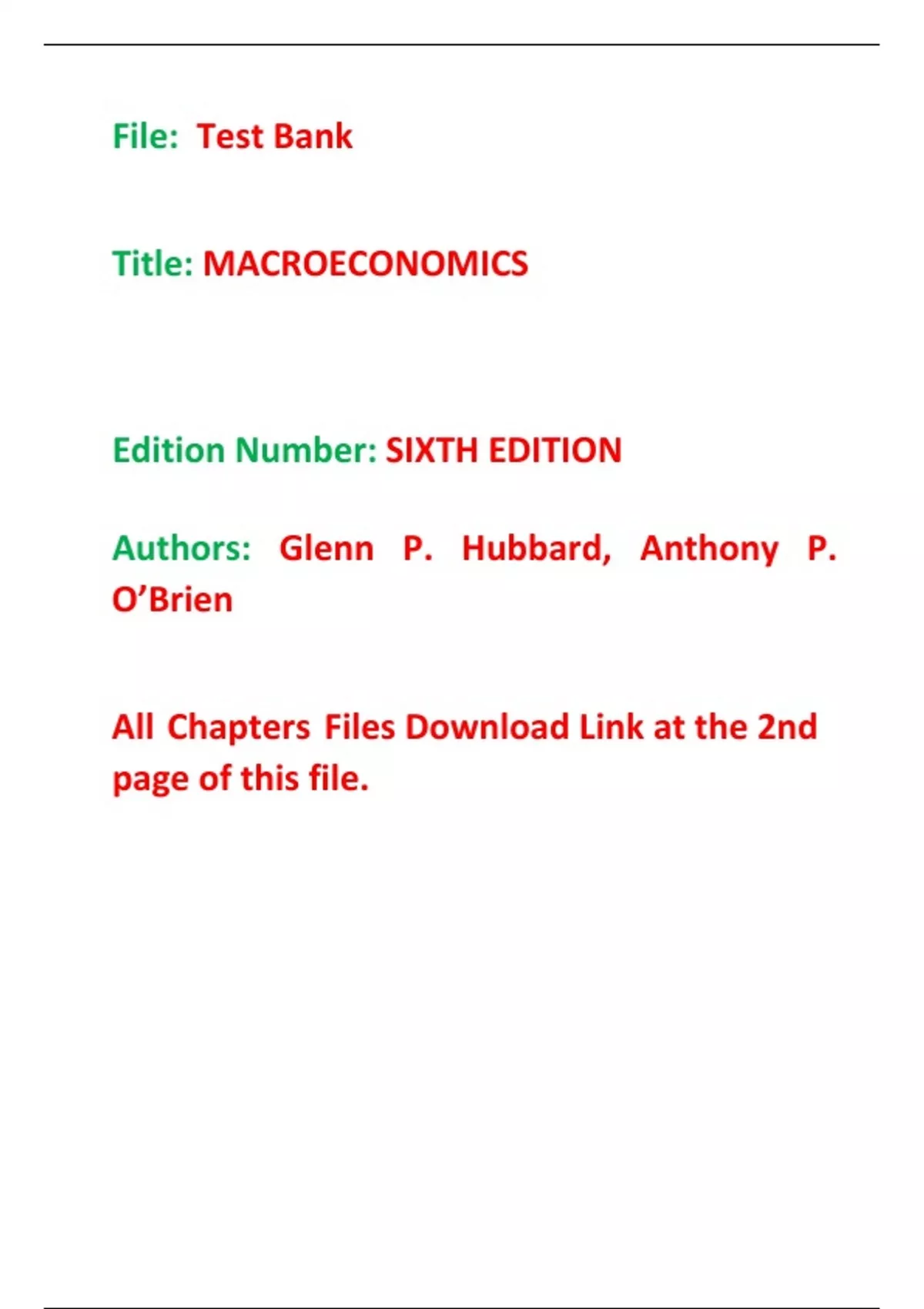 Test Bank for Macroeconomics 6th Edition By Glenn Hubbard Anthony O ...