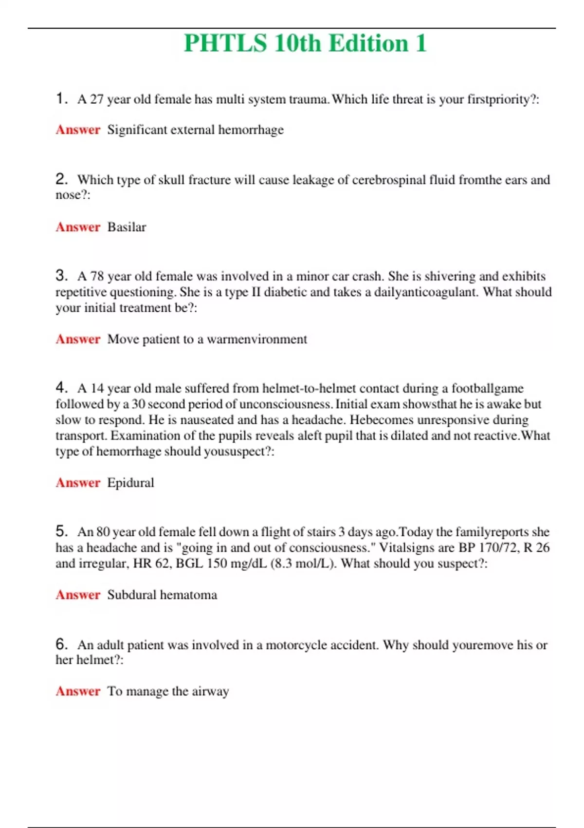 PHTLS 10th Edition 1 (Latest 2024) Questions With Complete Grade A+ ...