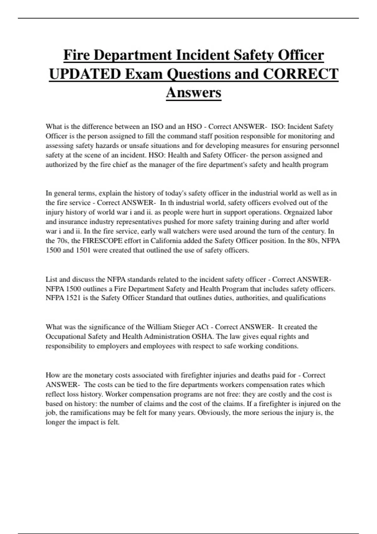 Fire Department Incident Safety Officer UPDATED Exam Questions and CORRECT Answers - Fire ...