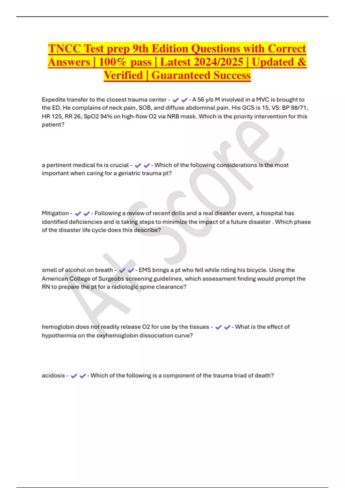 TNCC Test prep 9th Edition Questions with Correct Answers | 100% pass ...