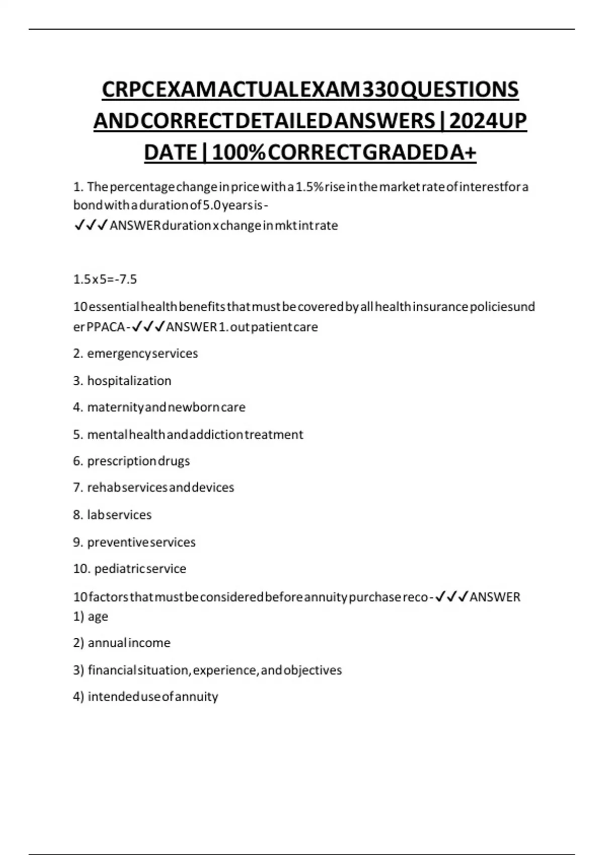 CRPC EXAM ACTUAL EXAM 330 QUESTIONS AND CORRECT DETAILED ANSWERS | 2024 ...