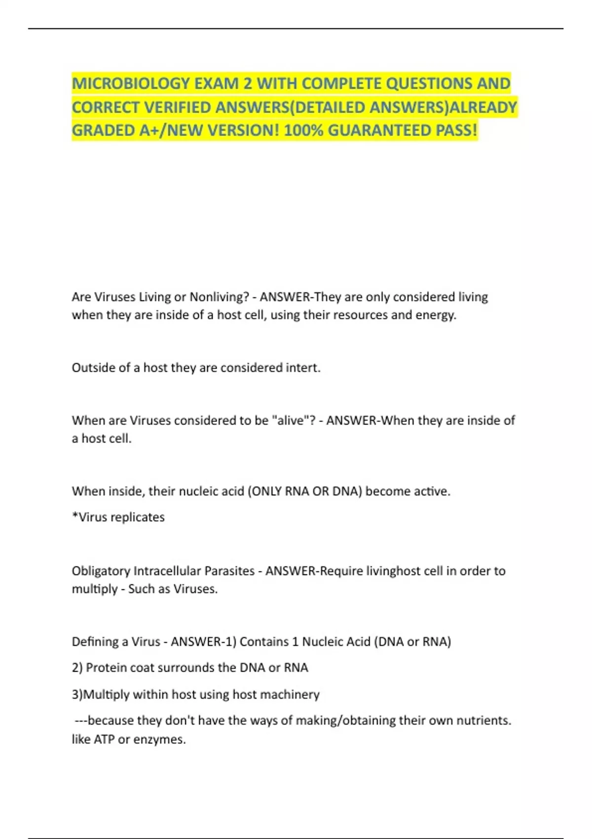 MICROBIOLOGY EXAM 2 WITH COMPLETE QUESTIONS AND CORRECT VERIFIED ...