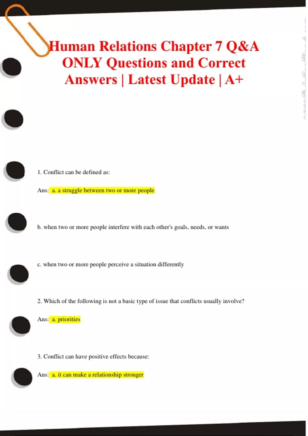 Human Relations Chapter 7 Q&A ONLY Questions and Correct Answers ...