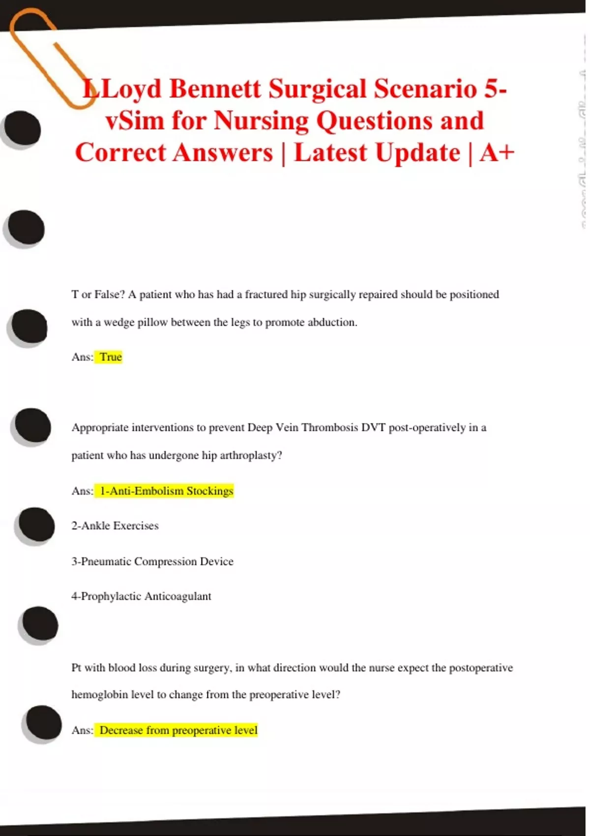 LLoyd Bennett Surgical Scenario 5- vSim for Nursing Questions and ...
