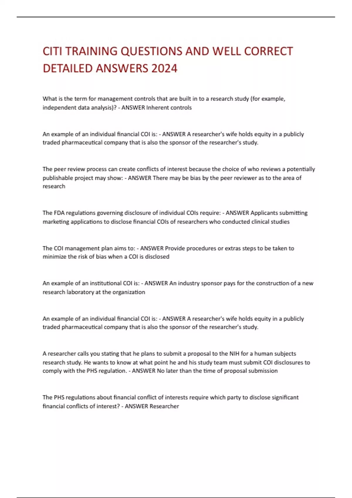 CITI training questions with answers - Nur 6531 - Stuvia US