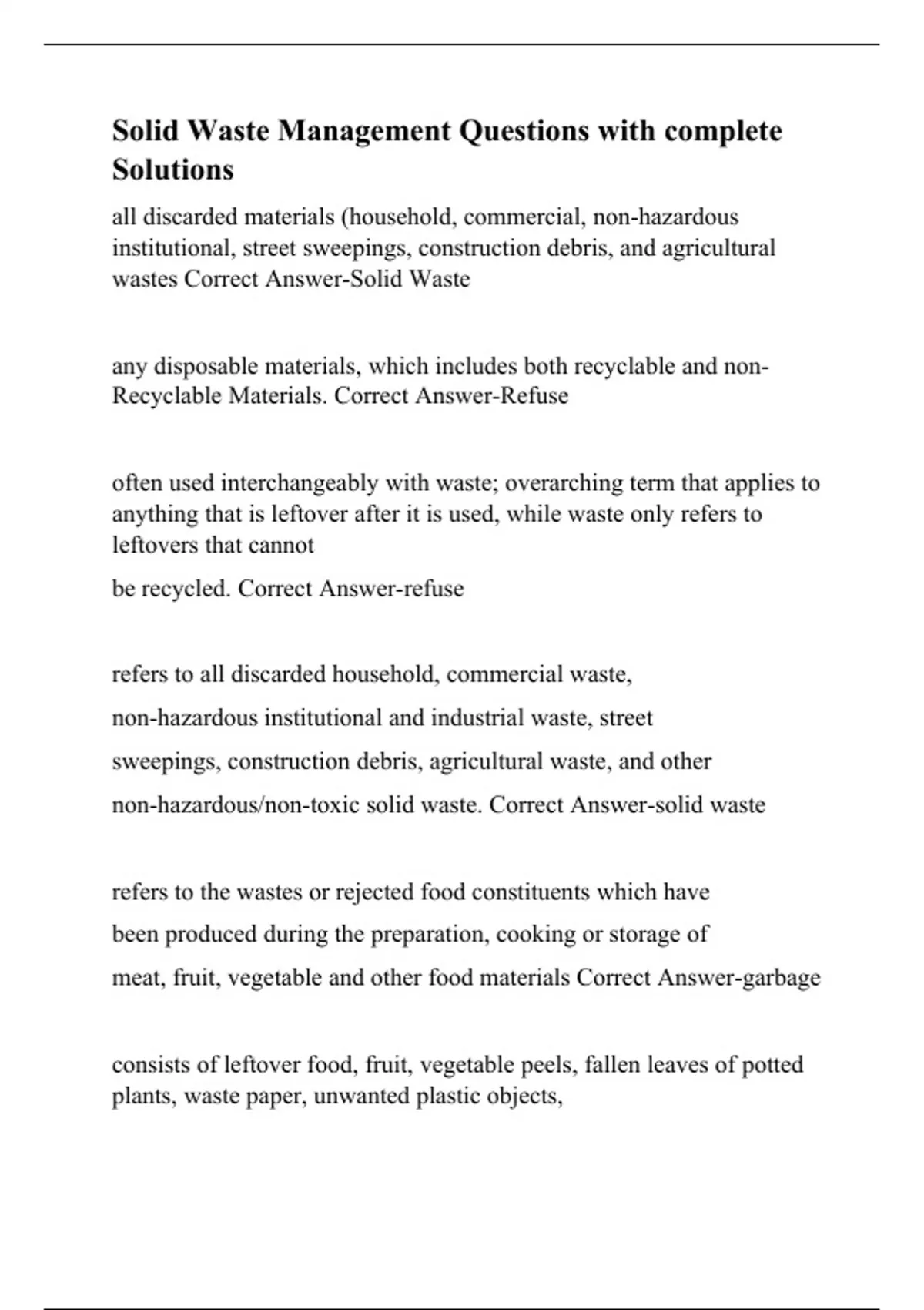 Solid Waste Management Questions with complete Solutions - Solid Waste ...