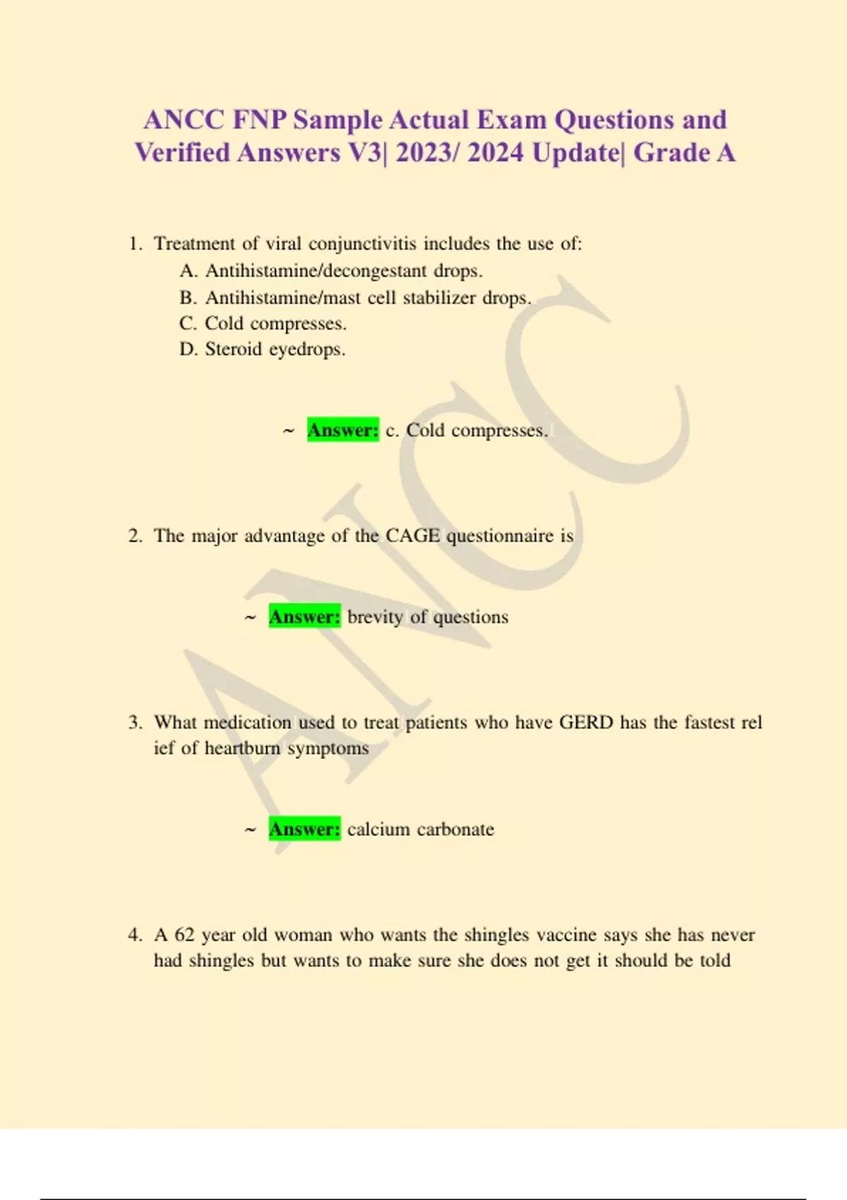 ANCC FNP Sample Actual Exam Questions and Verified Answers V3| 2023/ ...
