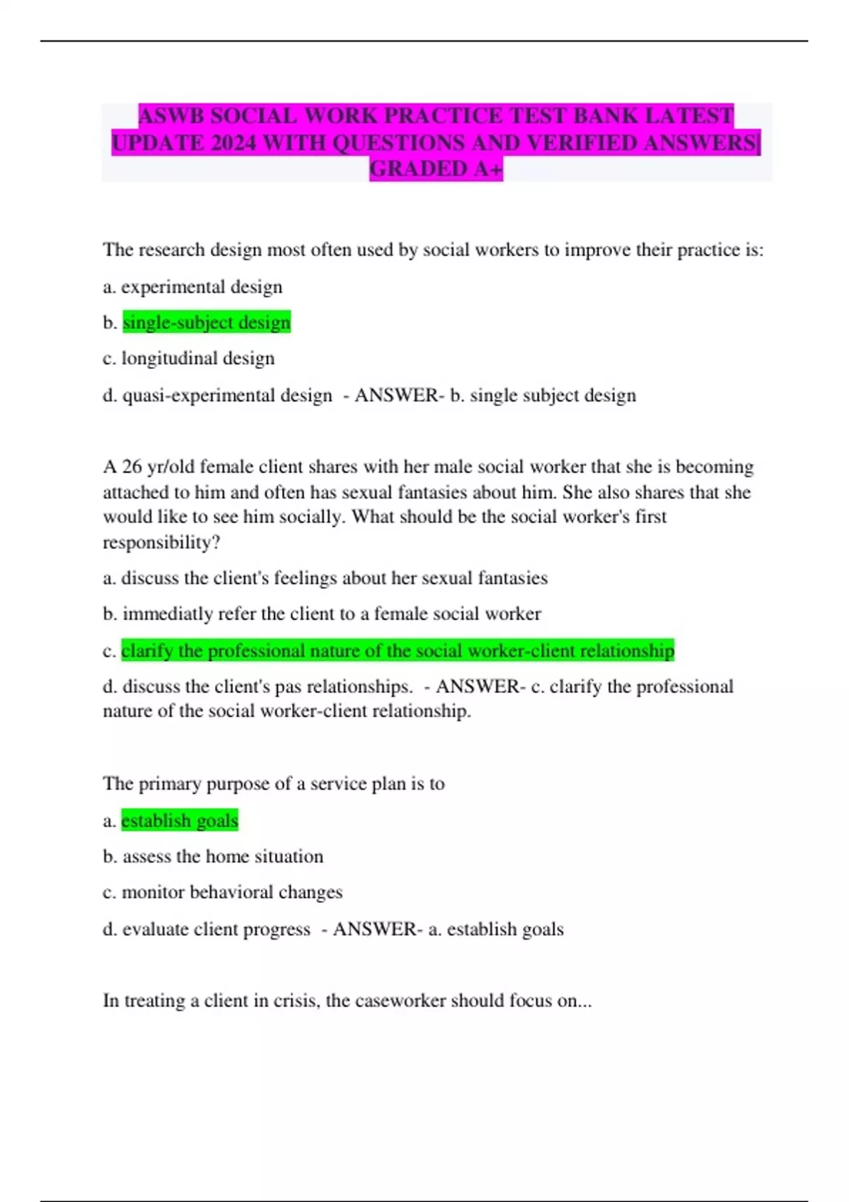 ASWB SOCIAL WORK PRACTICE TEST BANK LATEST UPDATE 2024 WITH QUESTIONS ...