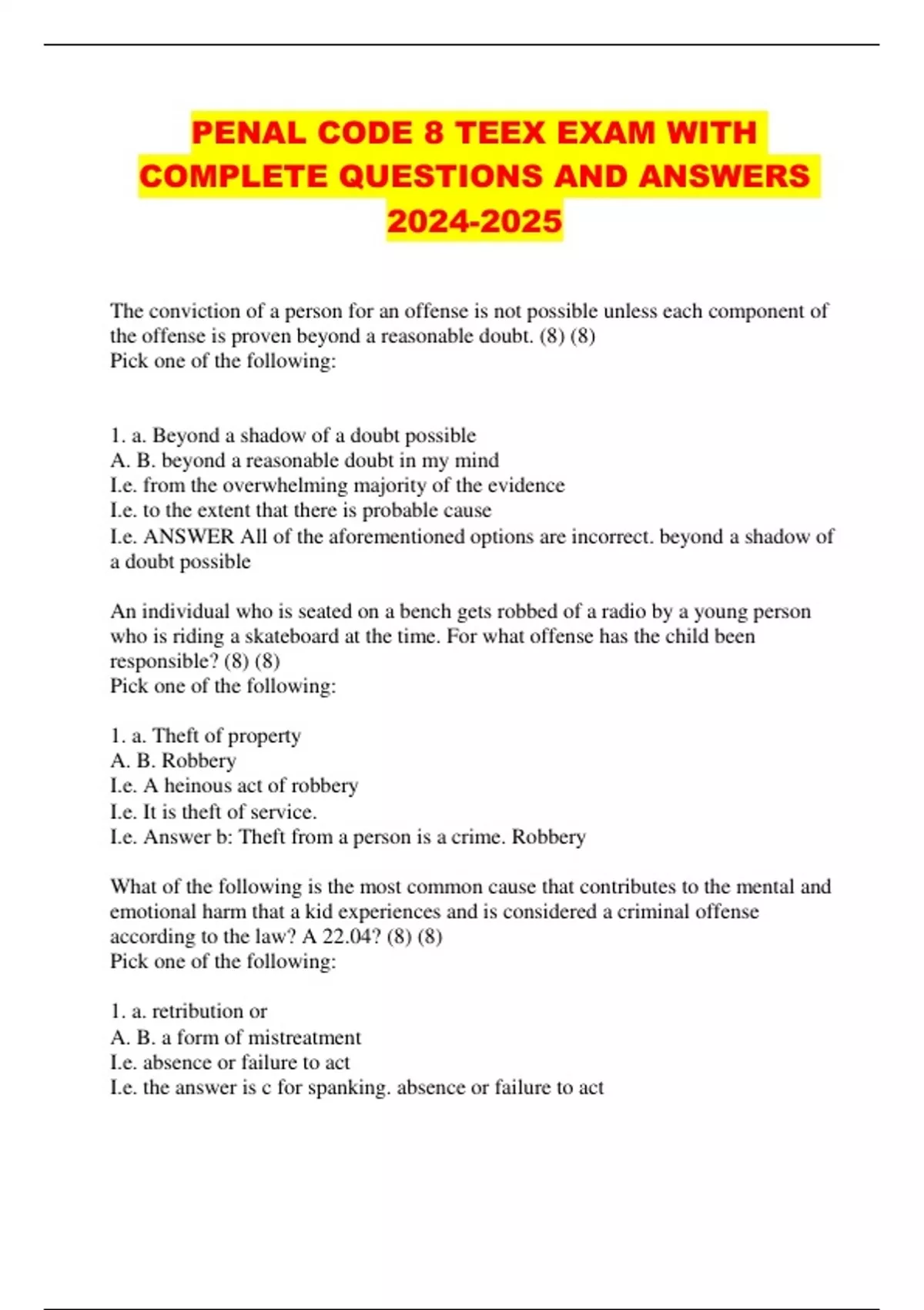 PENAL CODE 8 TEEX EXAM WITH COMPLETE QUESTIONS AND ANSWERS - PENAL CODE ...