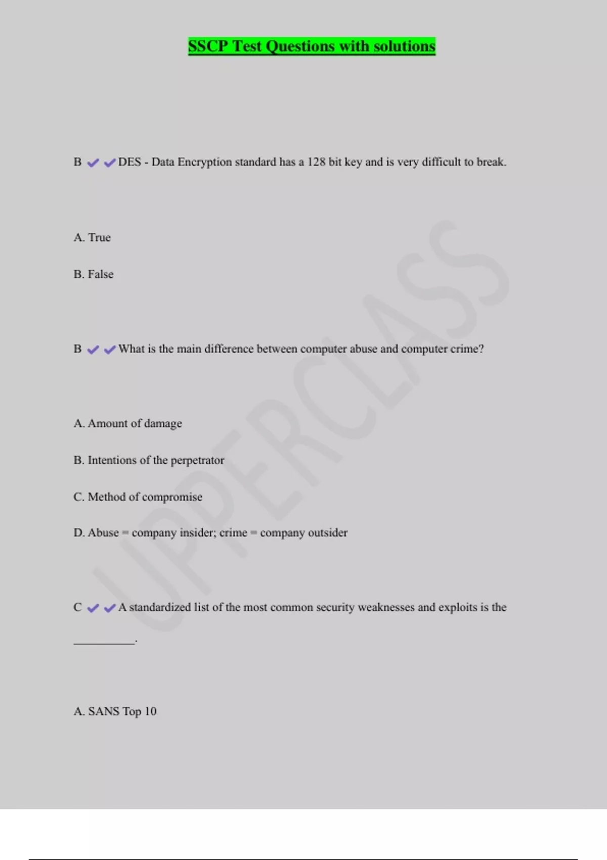 Sscp Test Questions With Solutions Isc 2 Systems Security Certified Practitioner Stuvia Us