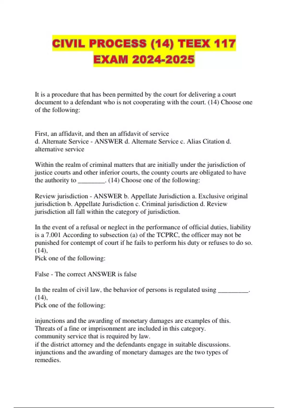 CIVIL PROCESS (14) TEEX 117 EXAM - CIVIL PROCESS TEEX 117 - Stuvia US