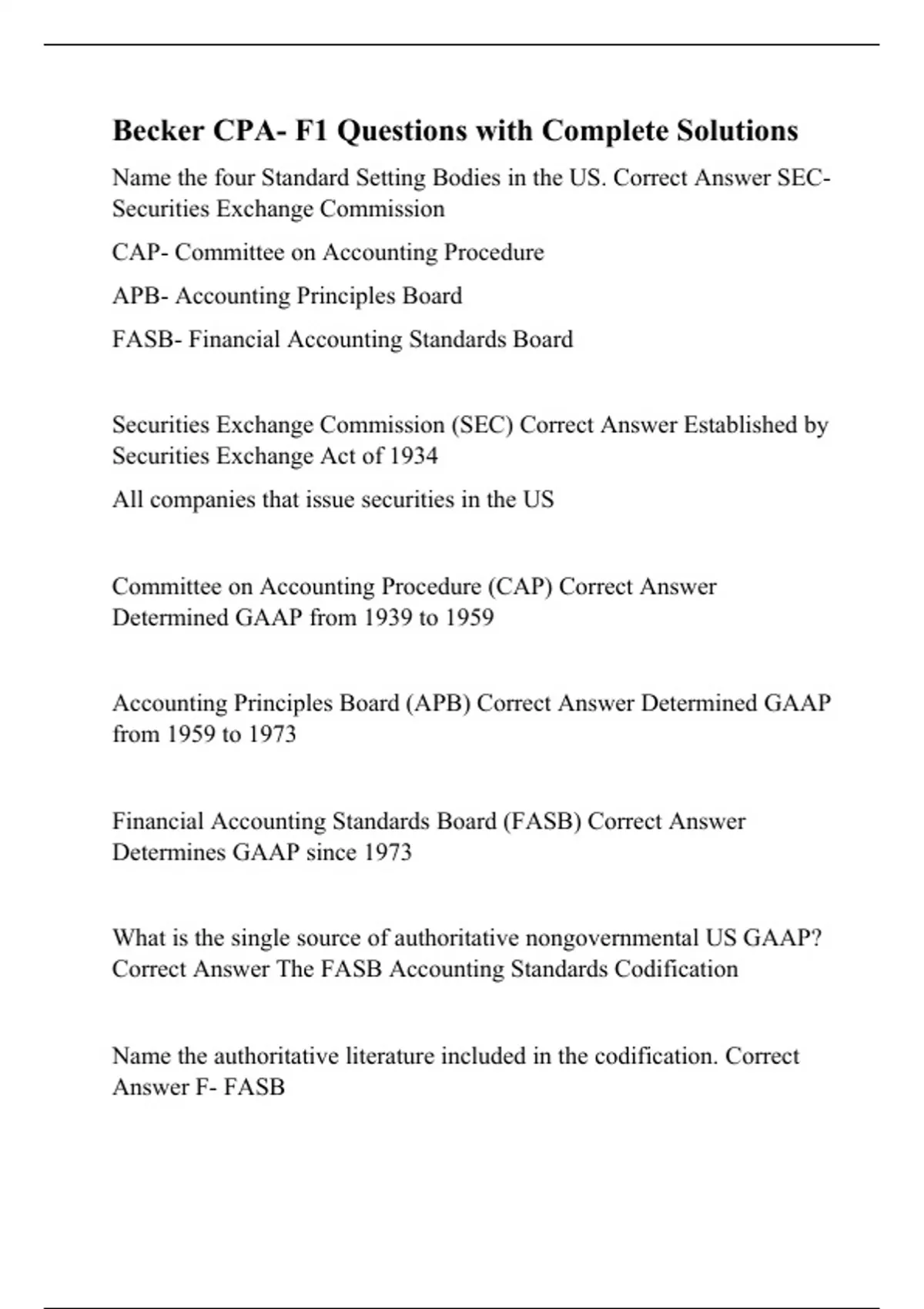 Becker CPA- F1 Questions with Complete Solutions - CPA - Certified Public Accountant - Stuvia US
