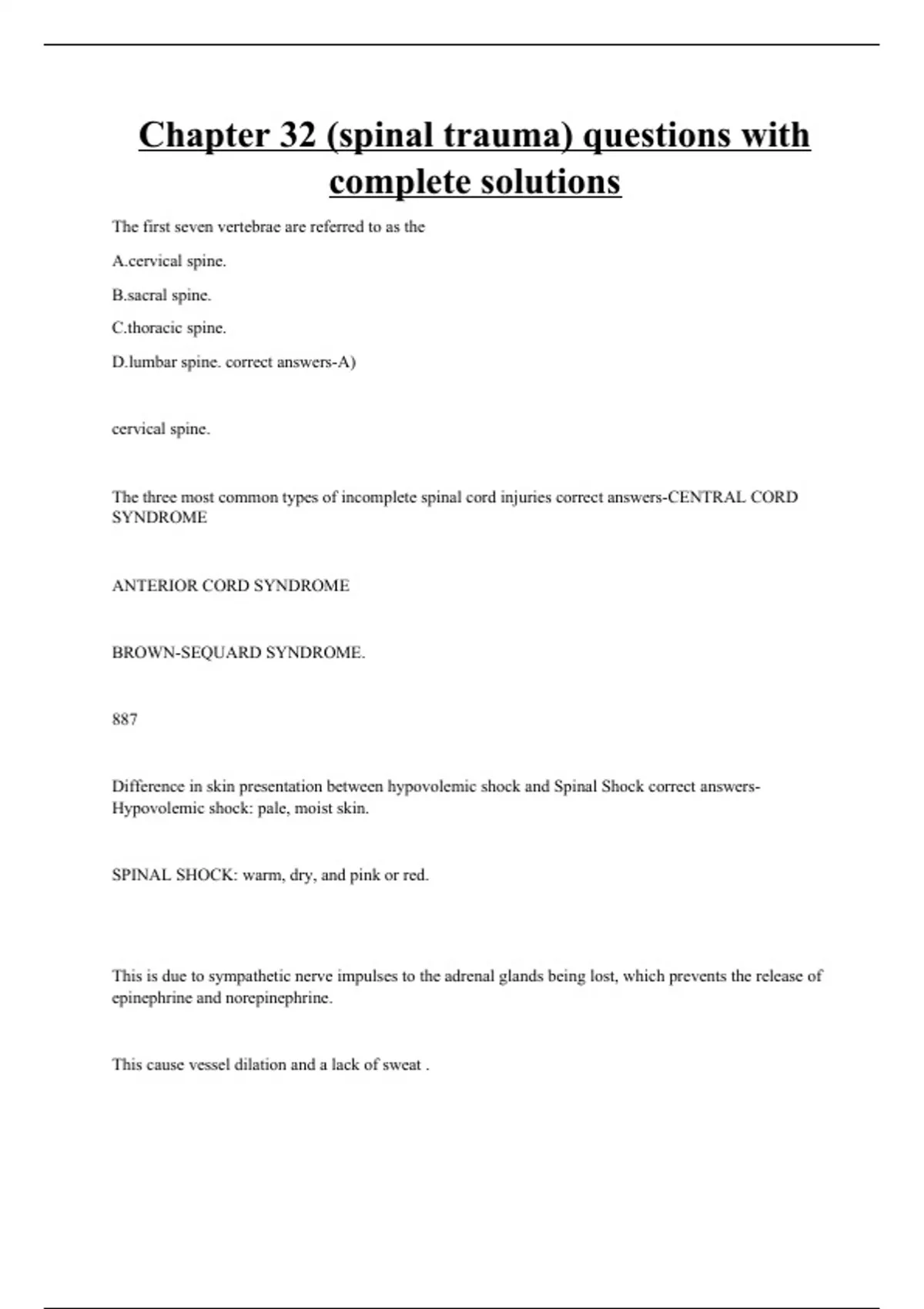 Chapter 32 (spinal trauma) questions with complete solutions - Chapter 32 - Stuvia US