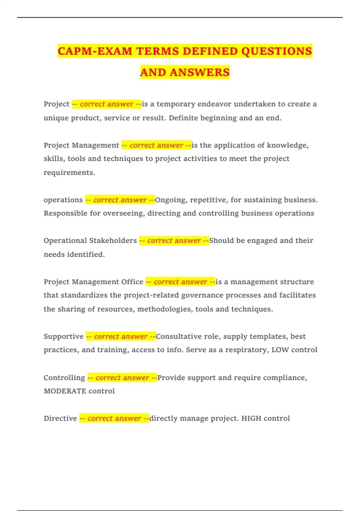 CAPM-EXAM TERMS DEFINED QUESTIONS AND ANSWERS - CAPM - Certified ...