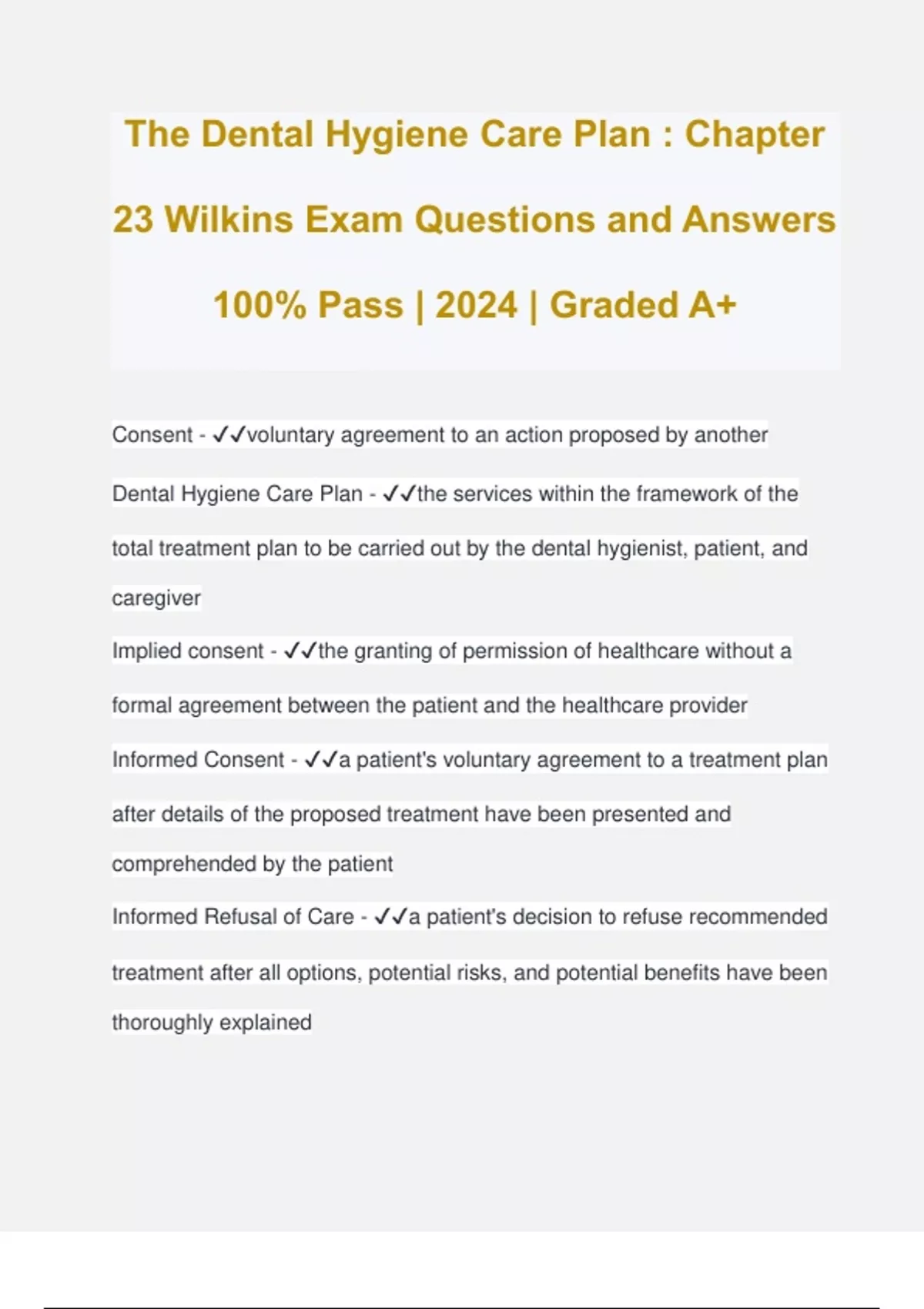 The Dental Hygiene Care Plan : Chapter 23 Wilkins Exam Questions and ...