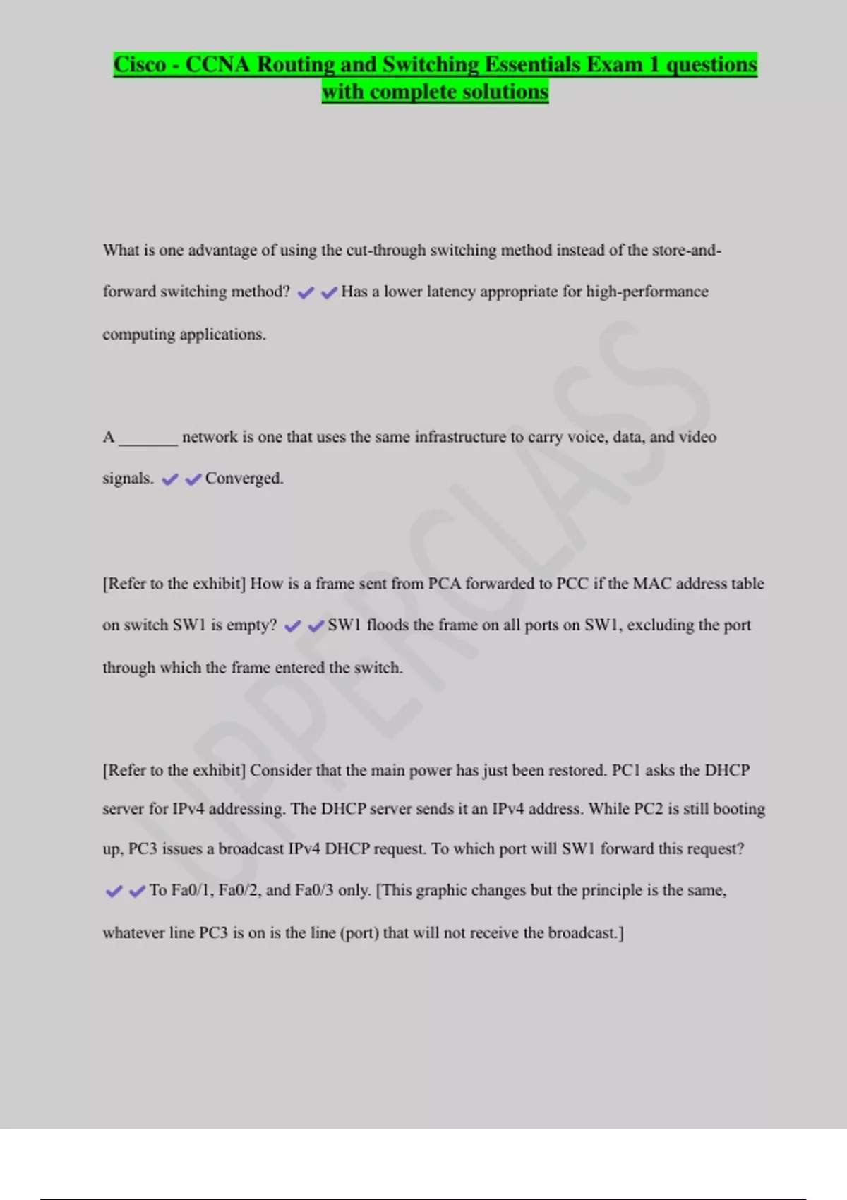 Cisco - CCNA Routing and Switching Essentials Exam 1 questions with complete solutions - CCNA ...