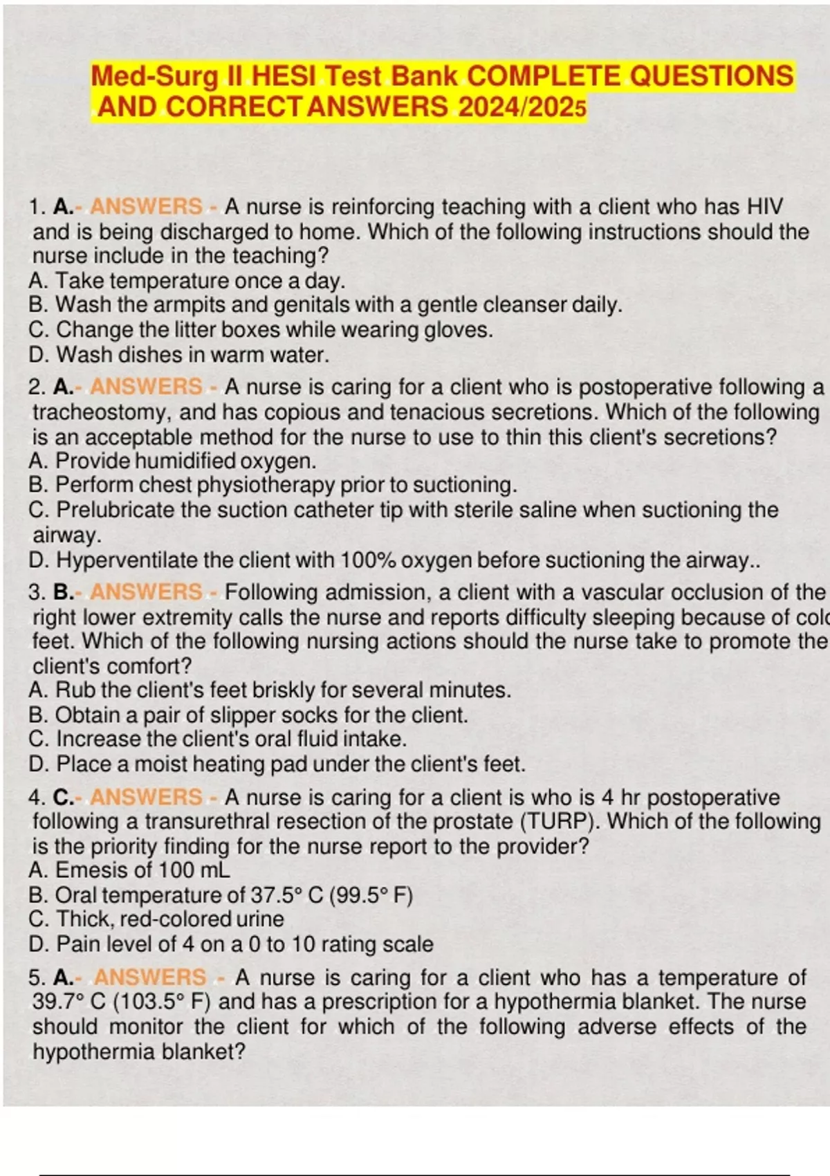 Med-Surg AII HESI Test Bank COMPLETE QUESTIONS AND CORRECT ANSWERS ...