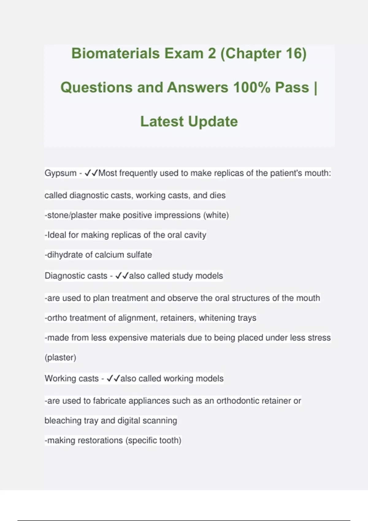 Biomaterials Exam 2 (Chapter 16) Questions and Answers 100% Pass ...