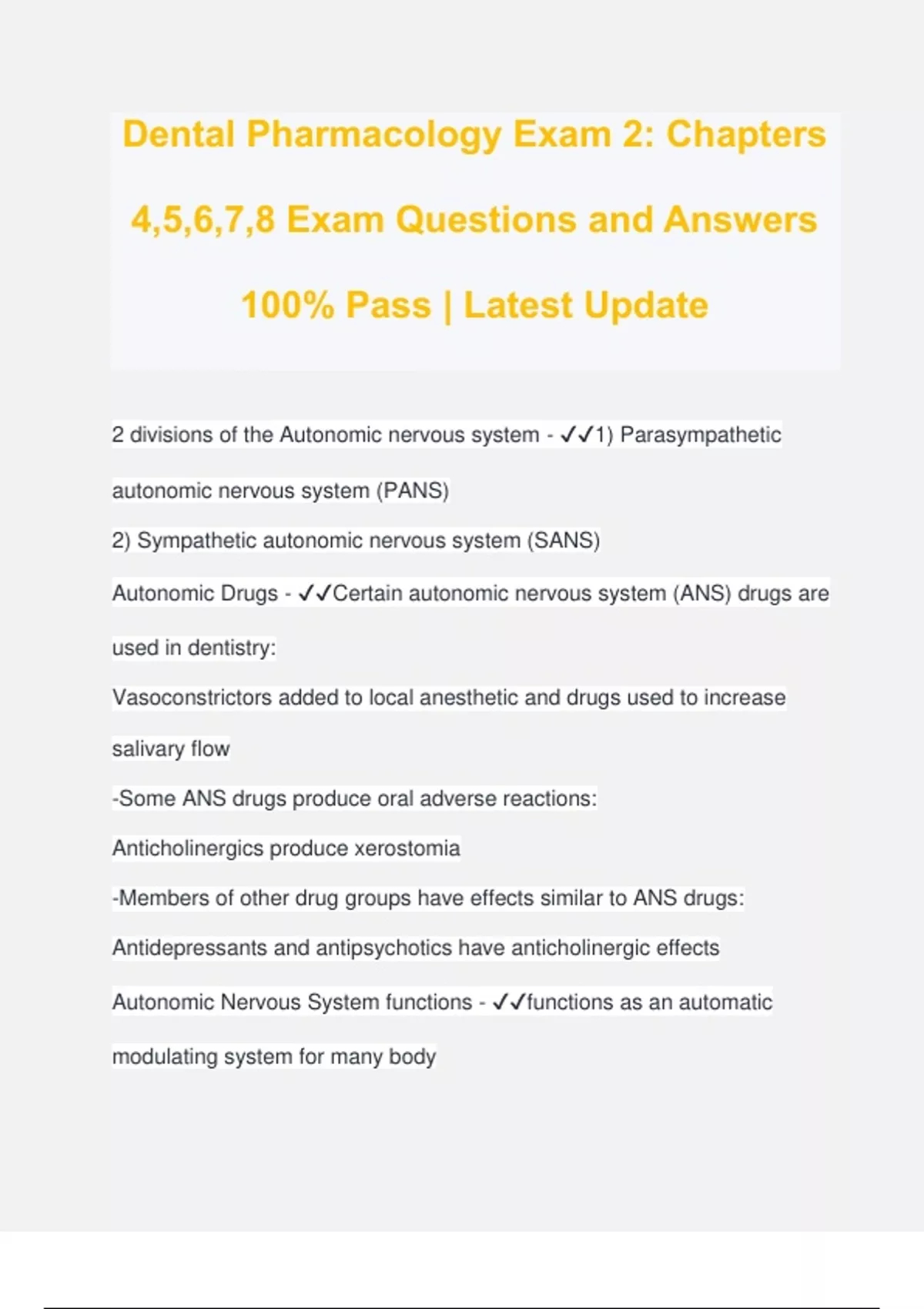 Dental Pharmacology Exam 2: Chapters 4,5,6,7,8 Exam Questions and ...
