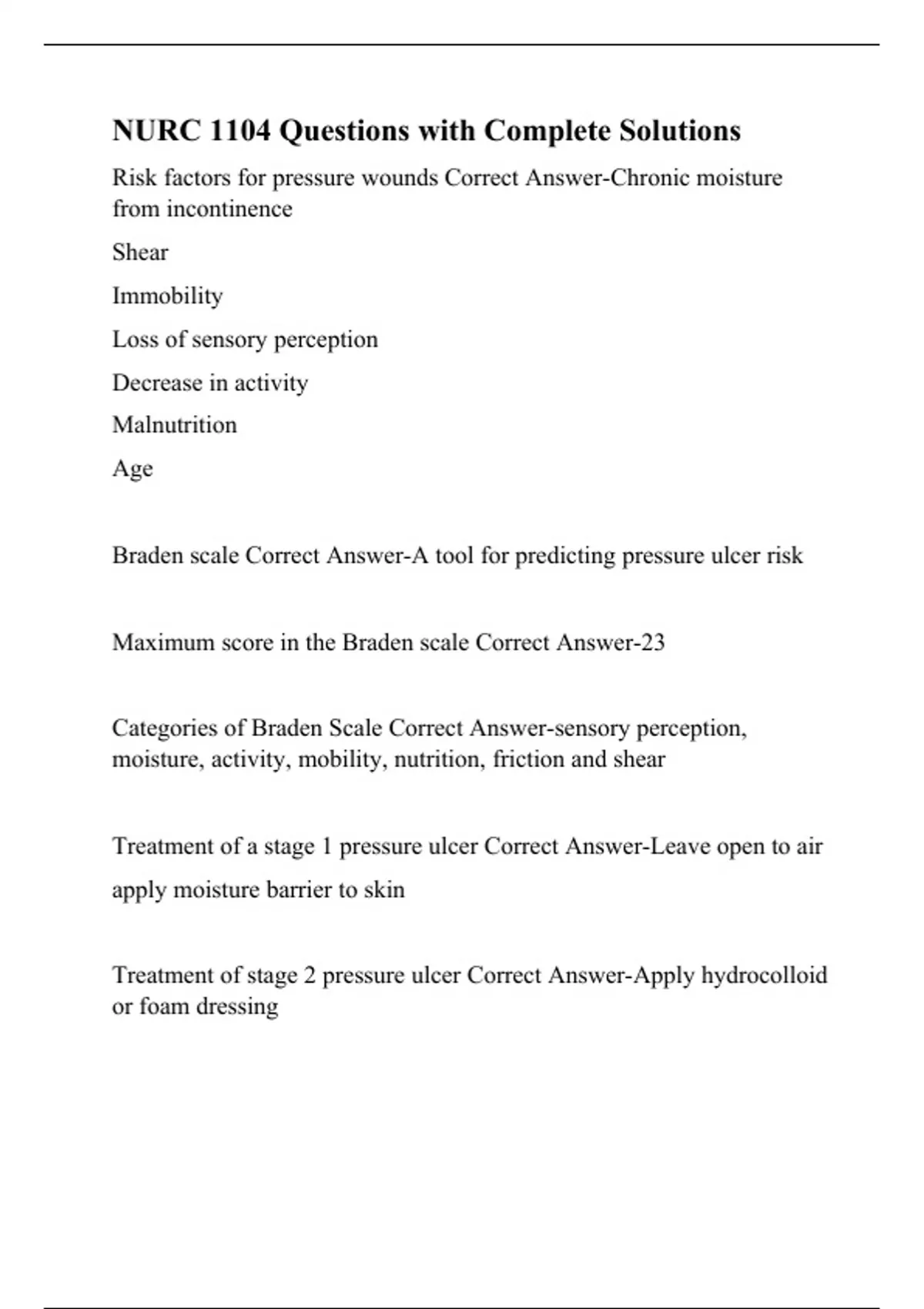 NURC 1104 Questions with Complete Solutions - NURC 1104 - Stuvia US