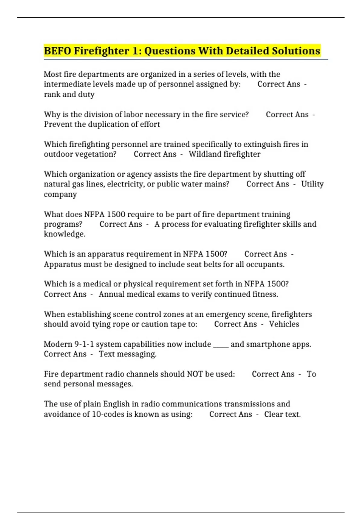 BEFO Firefighter 1: Questions With Detailed Solutions - BEFO* - Stuvia US