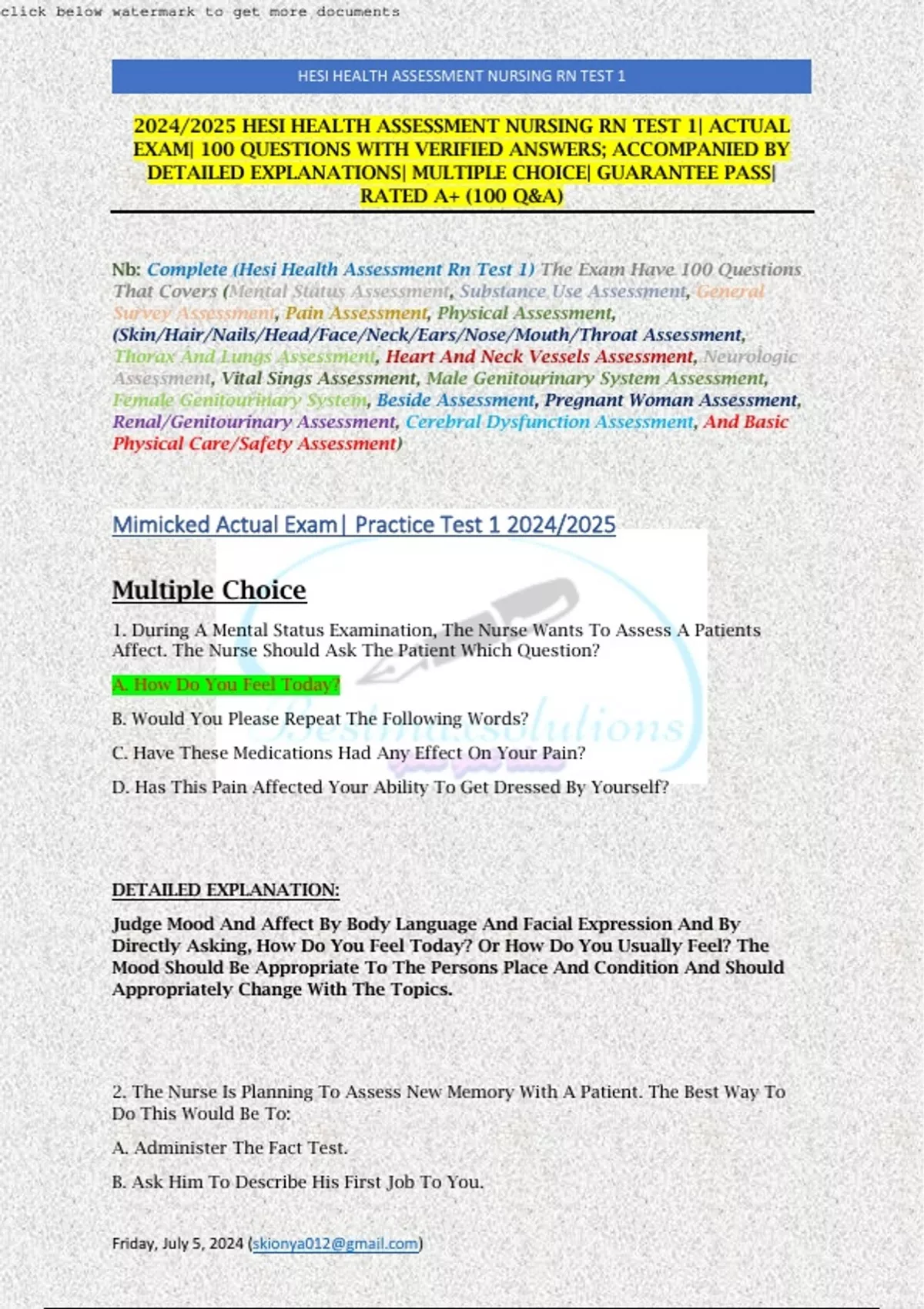 2024/2025 HESI HEALTH ASSESSMENT NURSING RN TEST 1| ACTUAL EXAM| 100 ...